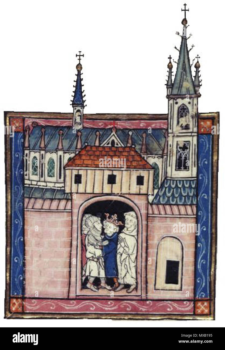 . Nederlands: Middeleeuws miniatuur: Koning Arthur in Camelot uit de ...