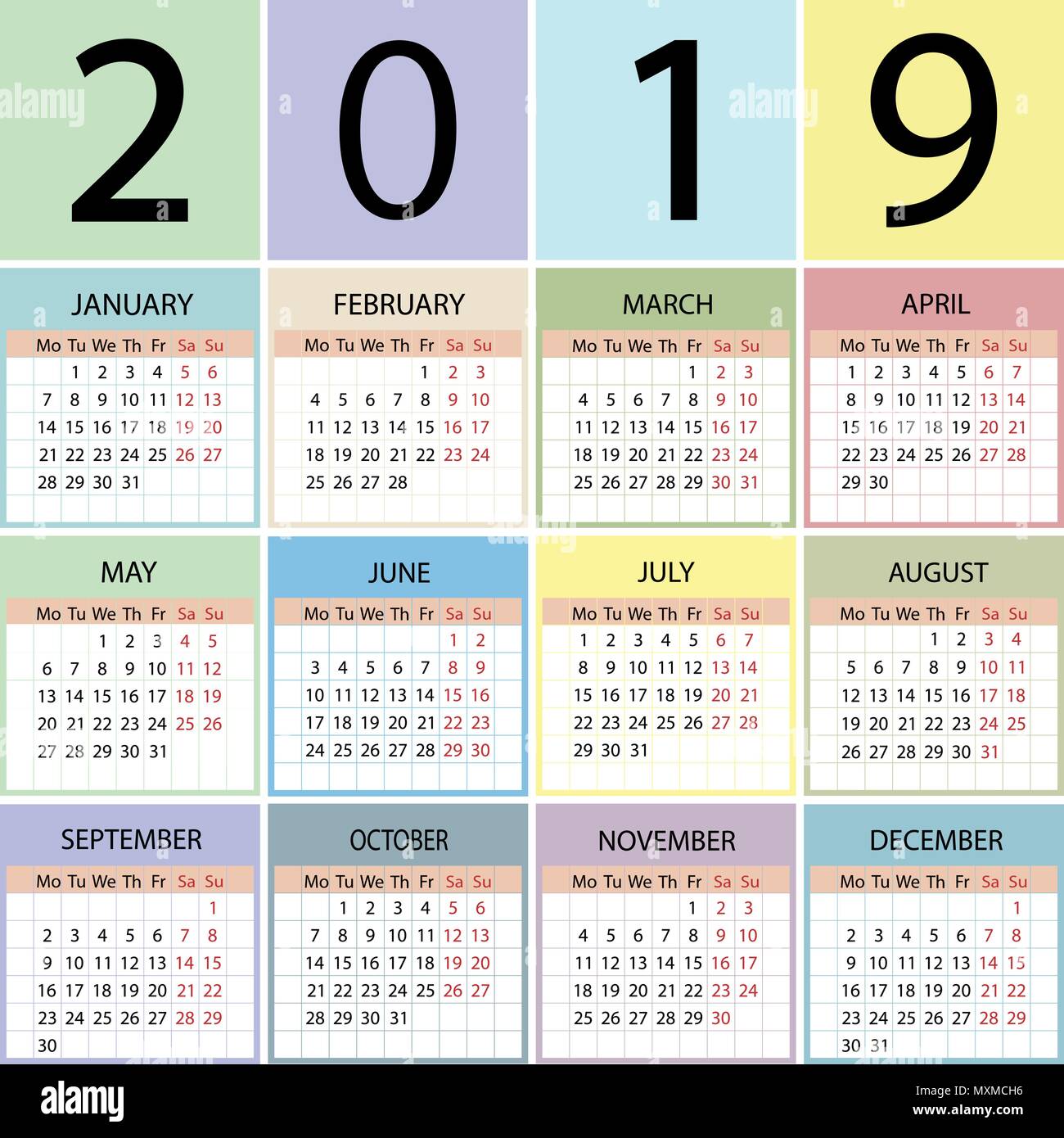 Calendario anno 2019. La settimana inizia con il lunedì Immagine e ...