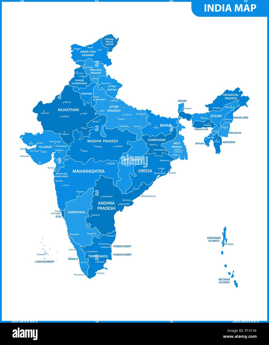La mappa dettagliata dell'India con le regioni o gli stati e le città ...