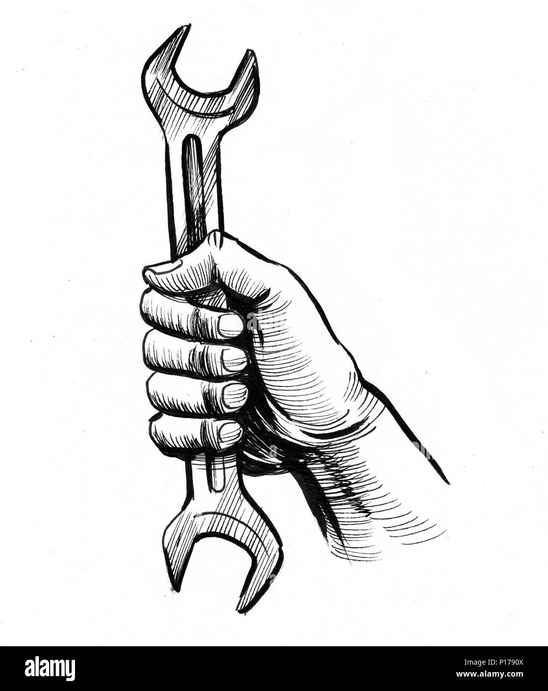 Mano con una chiave inglese. inchiostro bianco e nero illustrazione ... Mano con una chiave inglese. inchiostro bianco e nero illustrazione ...