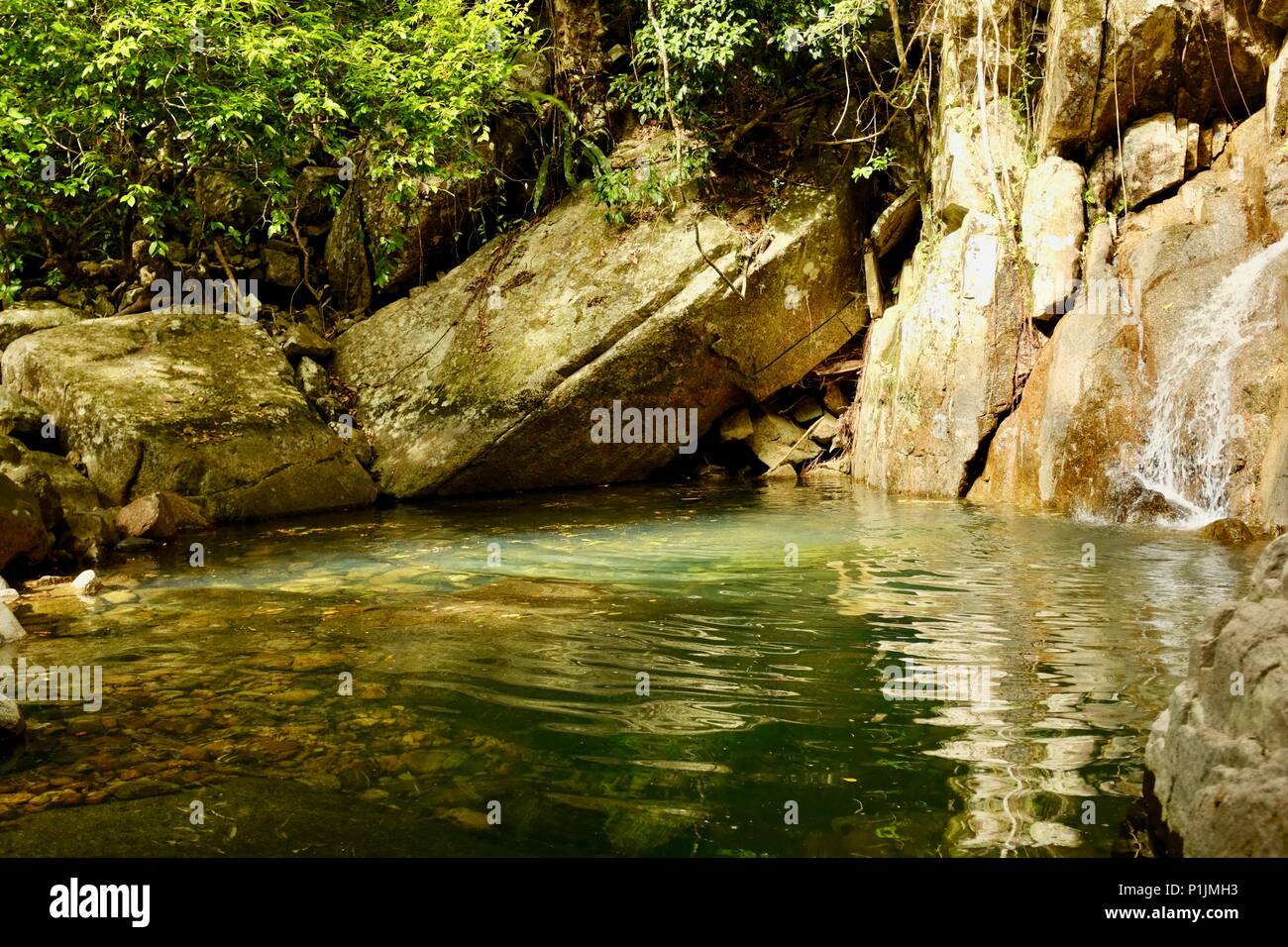 Giovane uomo che nuota sott'acqua in una piscina tropicale di montagna ...
