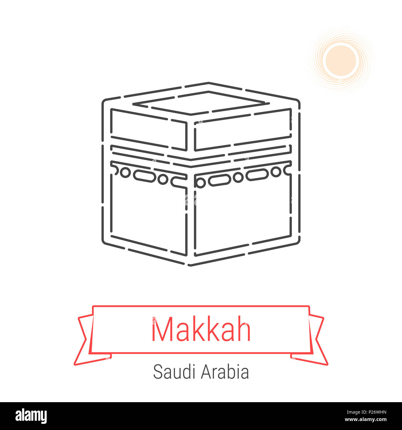 Mecca, Arabia Saudita Icona Linea con nastro rosso isolato su bianco ...