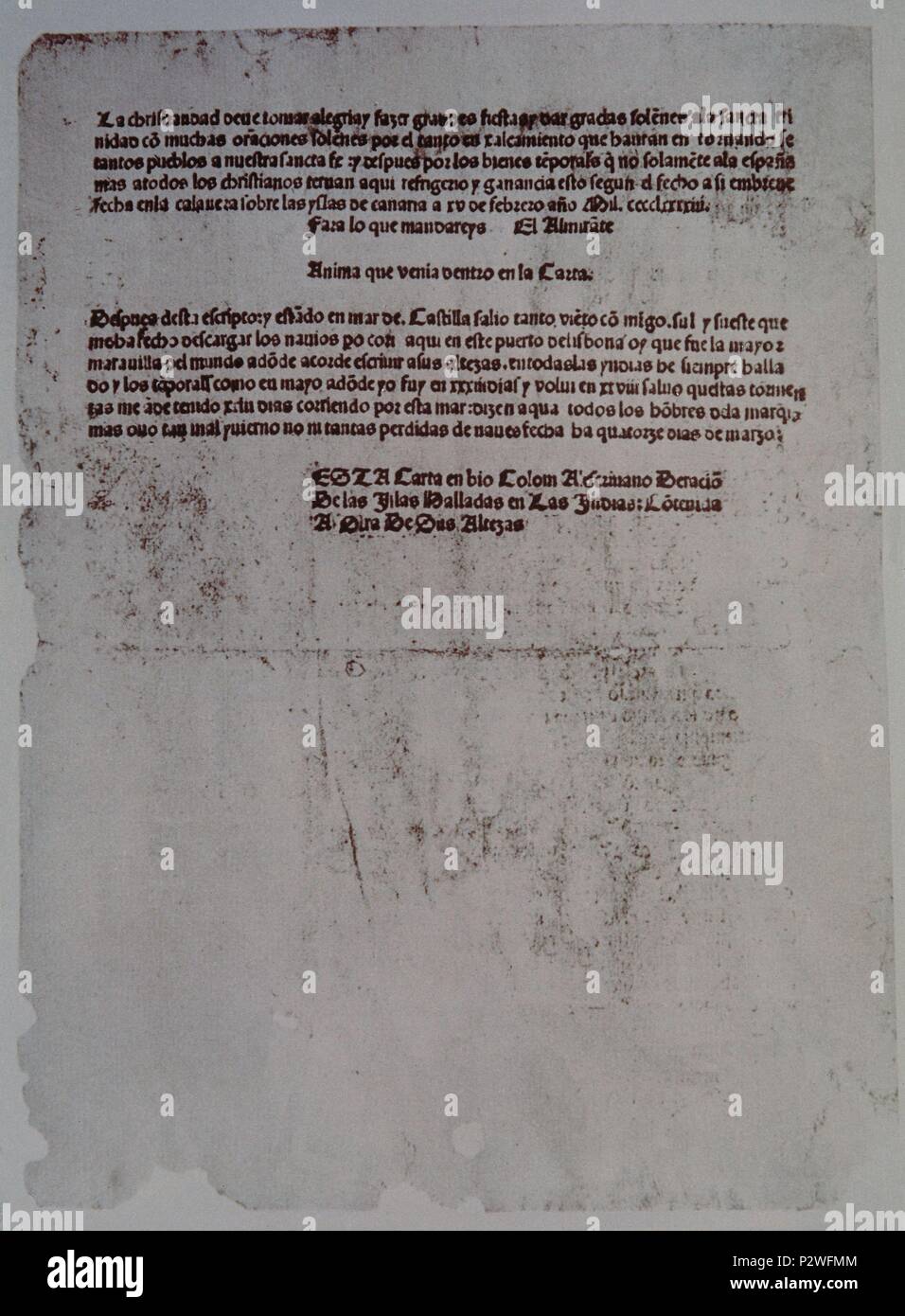 CARTA DE CRISTOBAL COLON UN LUIS DE SANTANGEL TESORERO DE LOS REYES ...