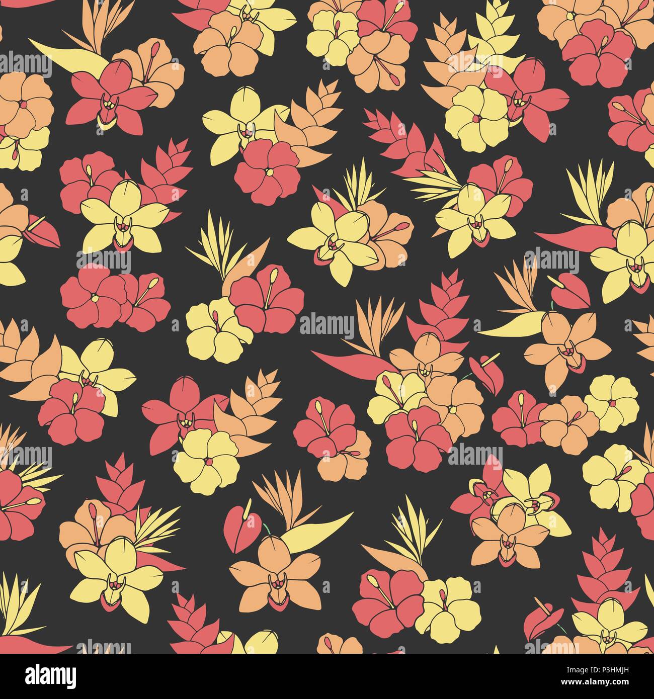 Vector tropical schema di ripetizione con orchidee, hibiscus e uccello ...