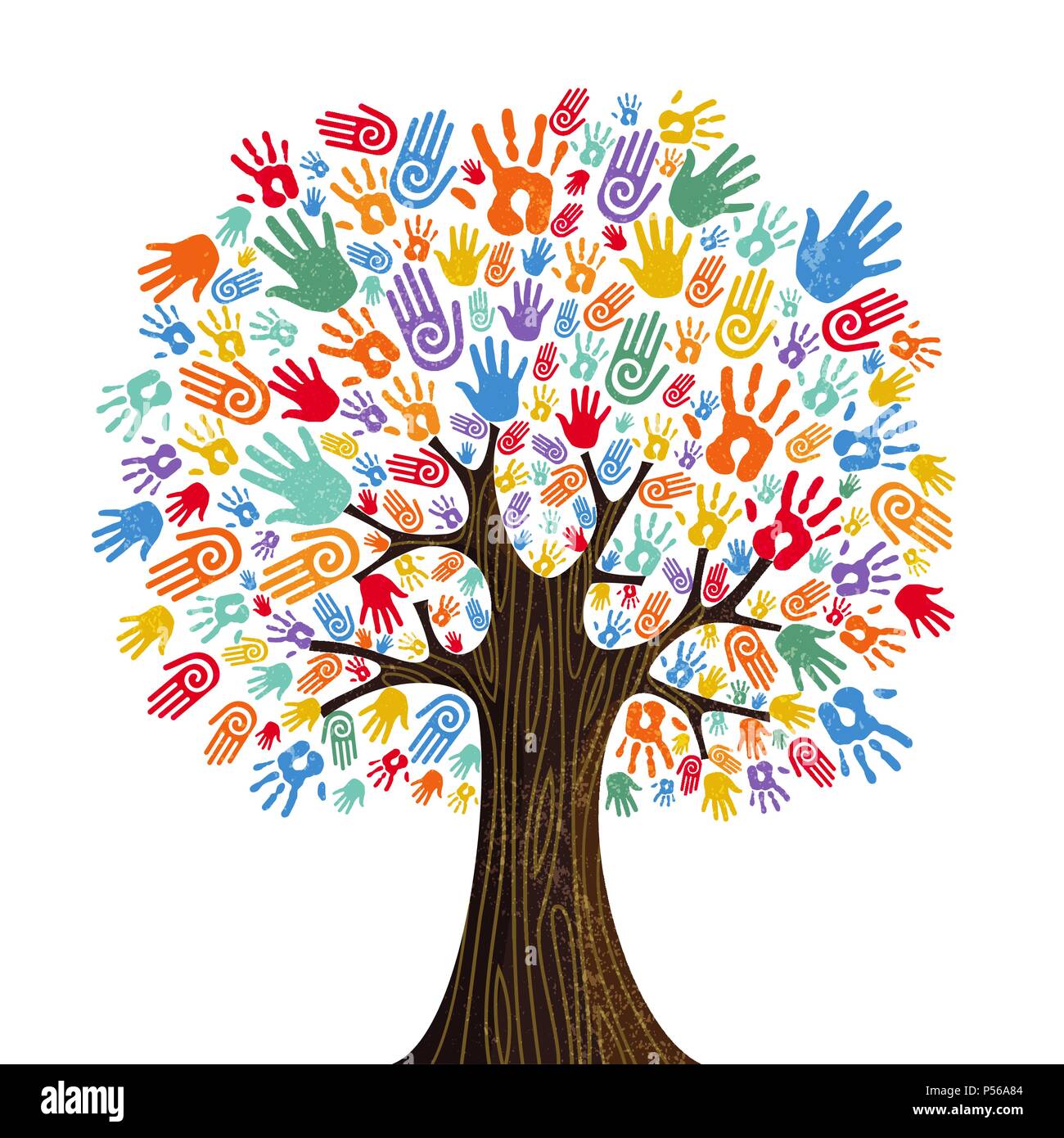 Albero con colorati mani umane insieme. Il team della comunità nozione ...