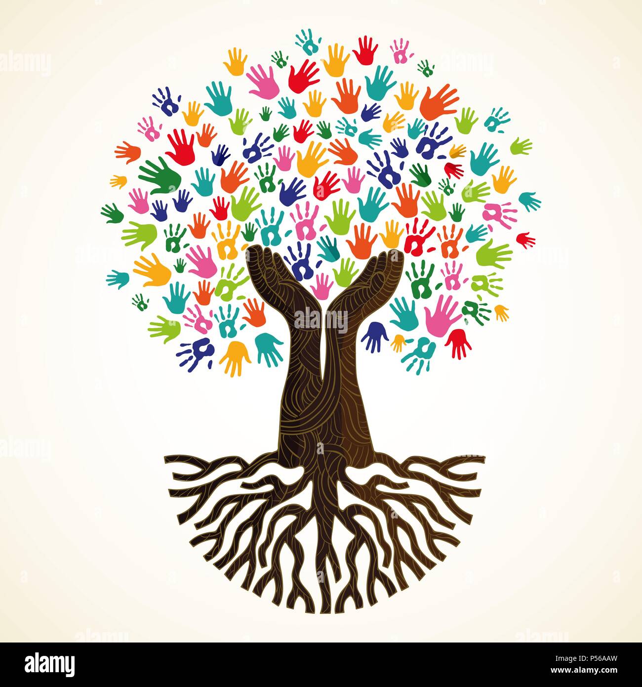 Simbolo di albero con colorati mani umane. Concetto illustrazione per ...