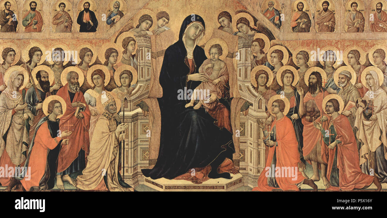 Deutsch: Maestà: Thronende Maria mit tipo, Engeln, Heiligen und Apostelfiguren in Arkaden ...