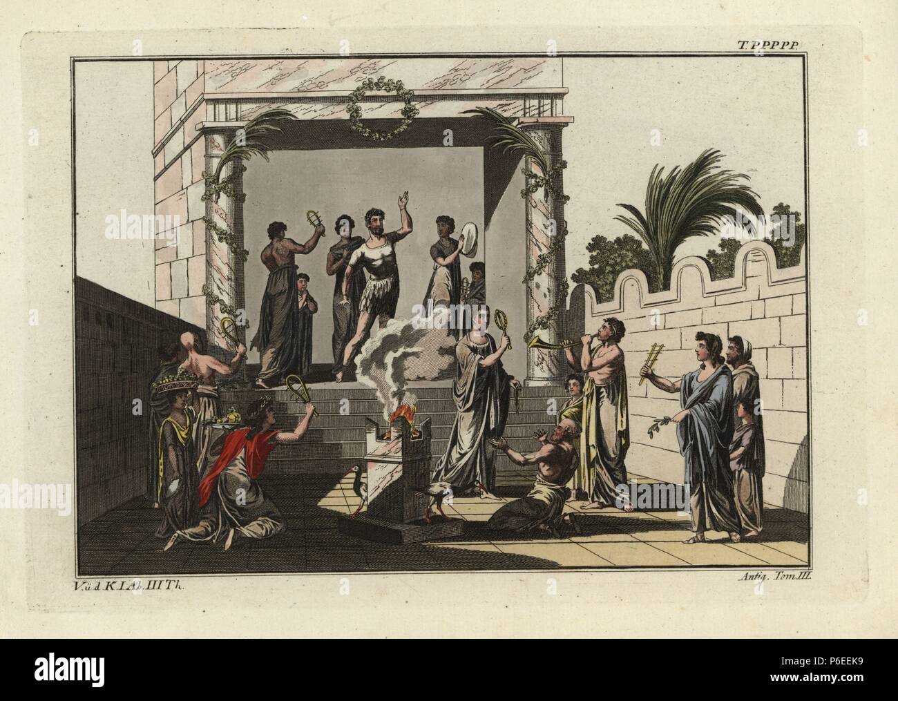 Cerimonie del culto di Iside, con celebranti holding sistrum e oinochoe ...