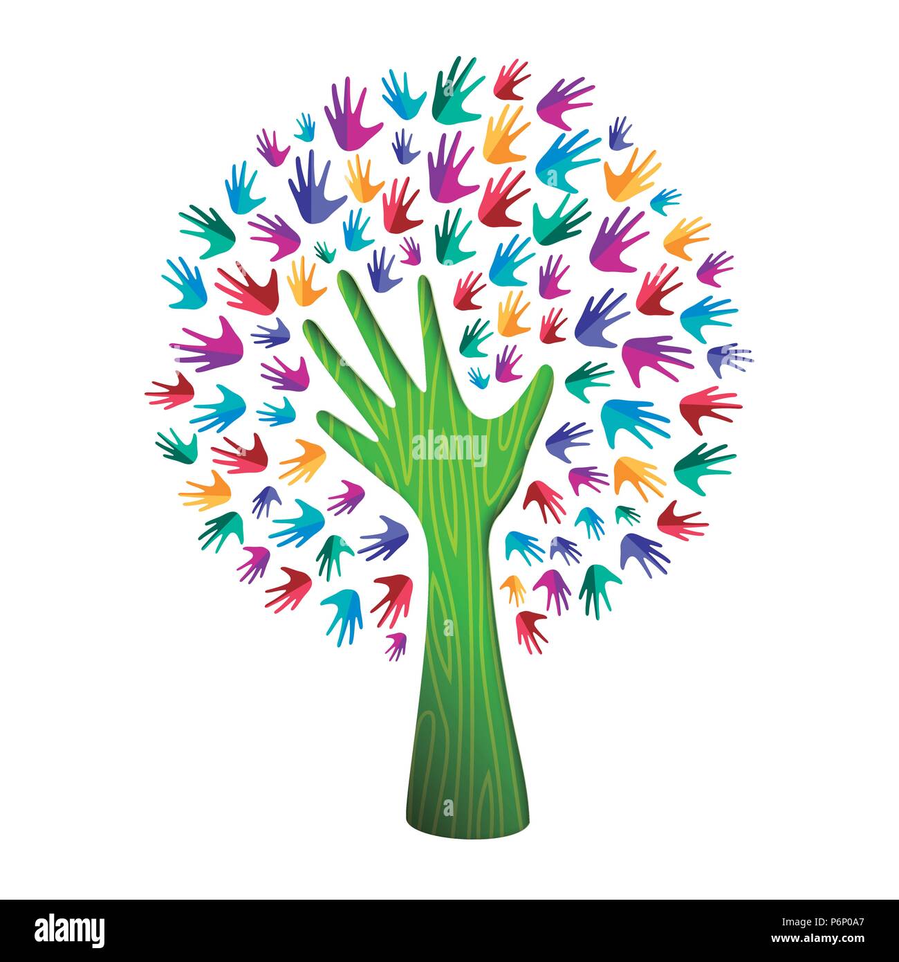 Albero con colorati mani umane insieme in carta tagliato stile. Il team ...