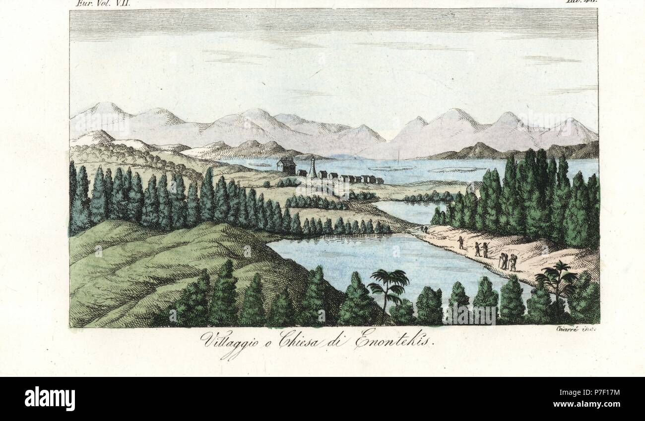 Villaggio con una chiesa in Enontekio, Lapponia settentrionale ...