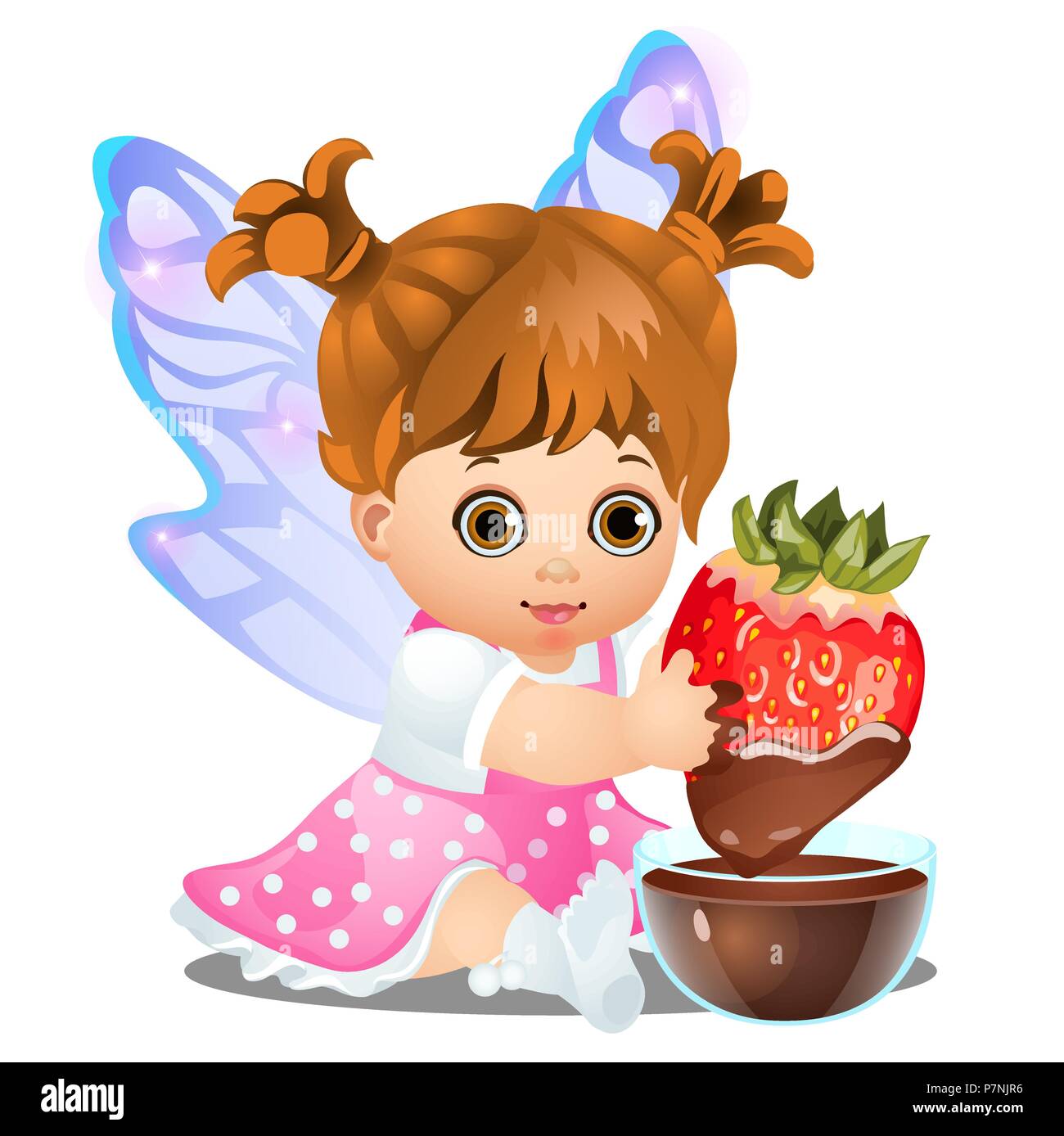 Un po' di felice ragazza animata con fata ali tenendo una fragola ...