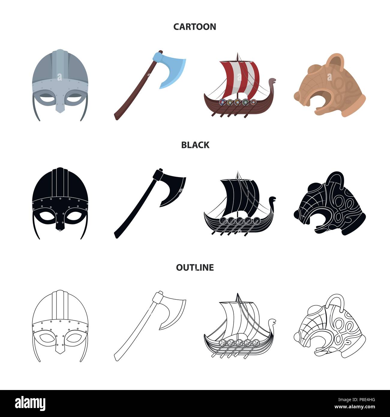 Casco Viking, ascia, rook su remi con scudi, dragon, tesoro. I ...