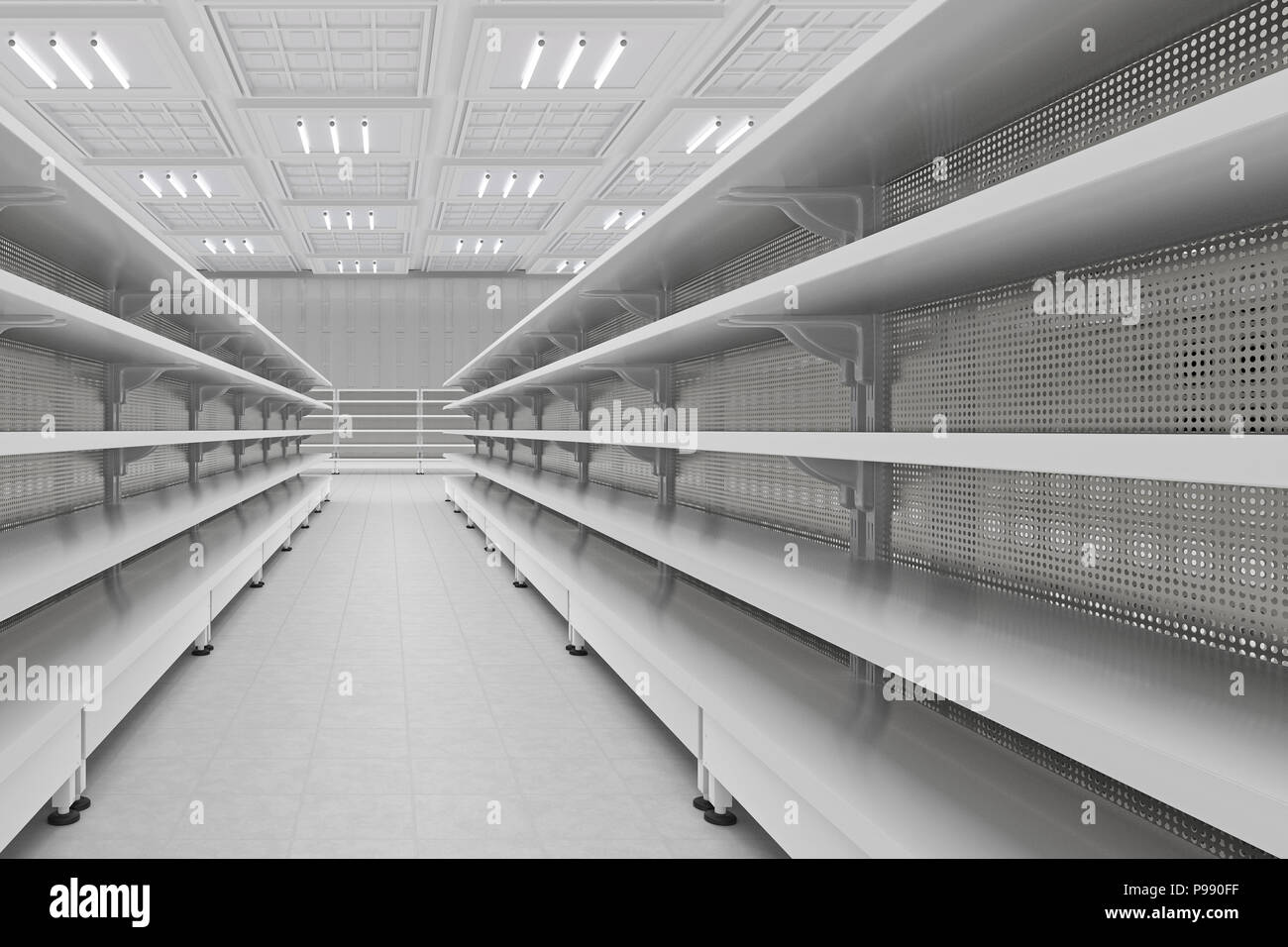 Supermercato corsia con gli scaffali vuoti. 3D render Foto stock - Alamy