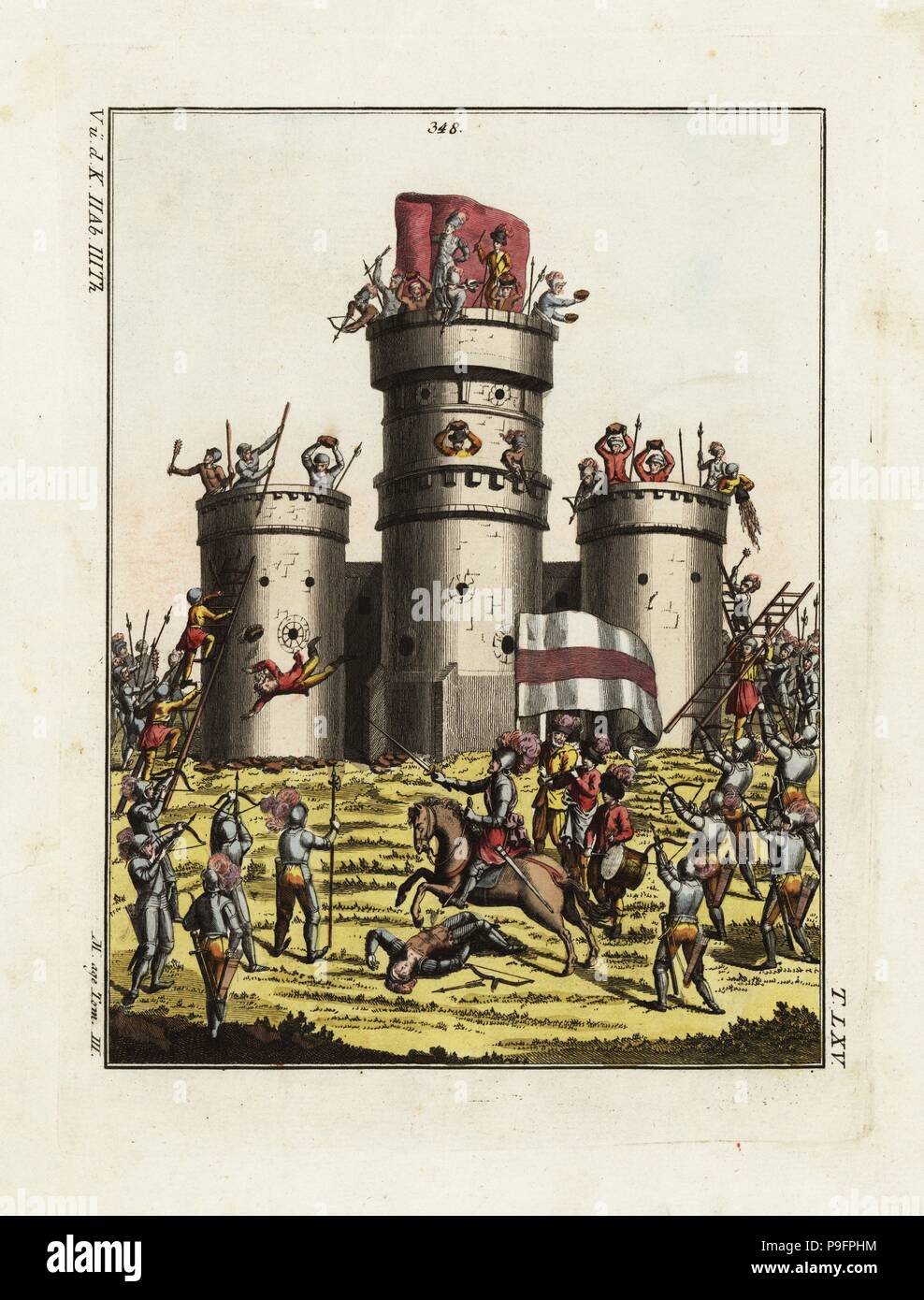 Assedio di un castello medievale. Cavalieri in armatura, arcieri e ...