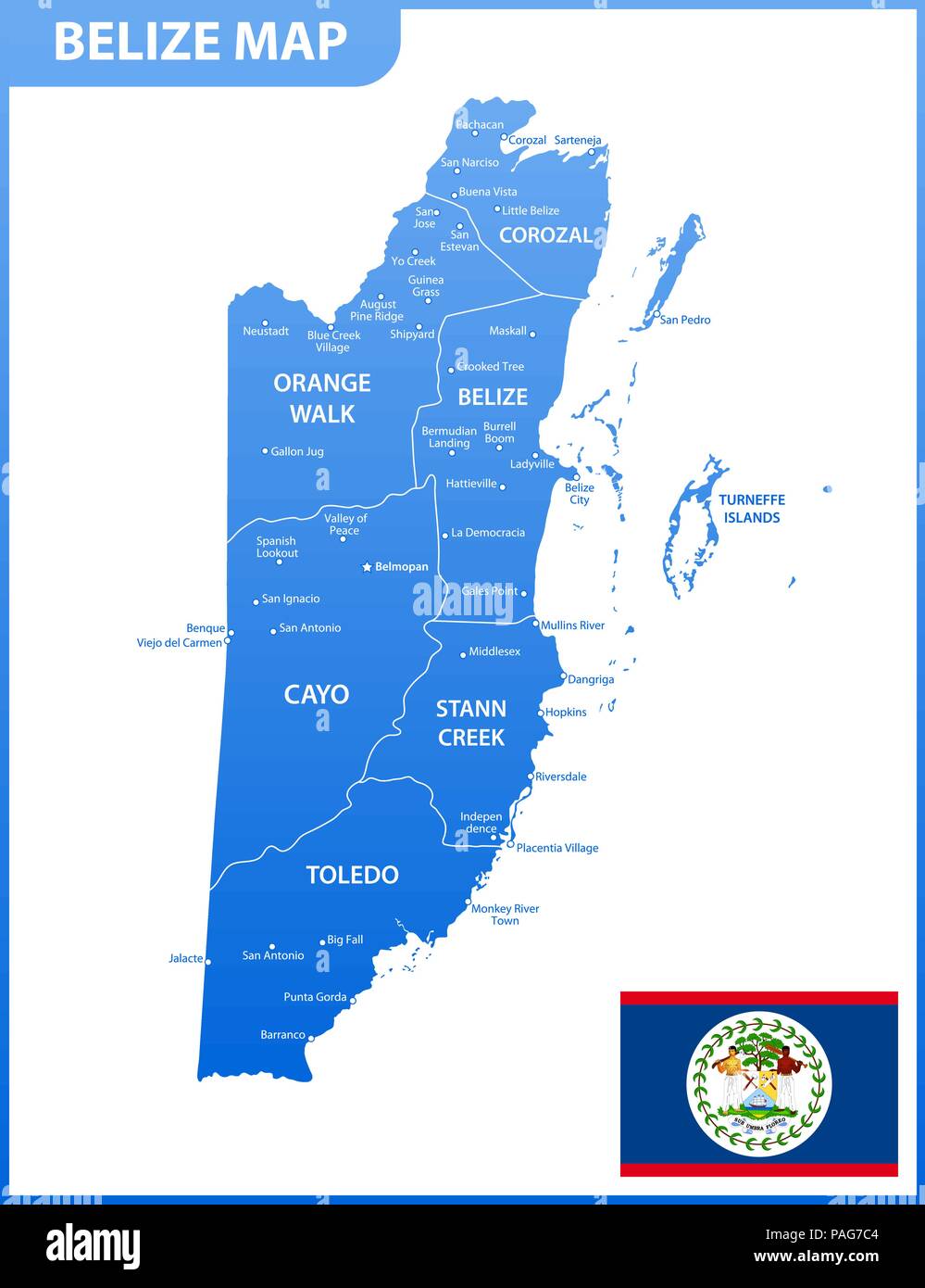 La mappa dettagliata del Belize con le regioni o gli stati e le città ...