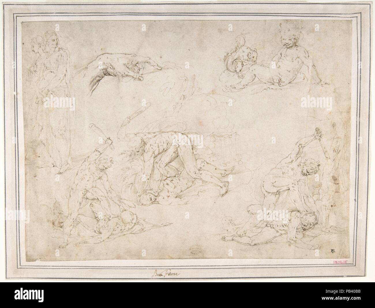 La figura studi: tre schizzi di Caino uccidere Abele, con un altare del ...