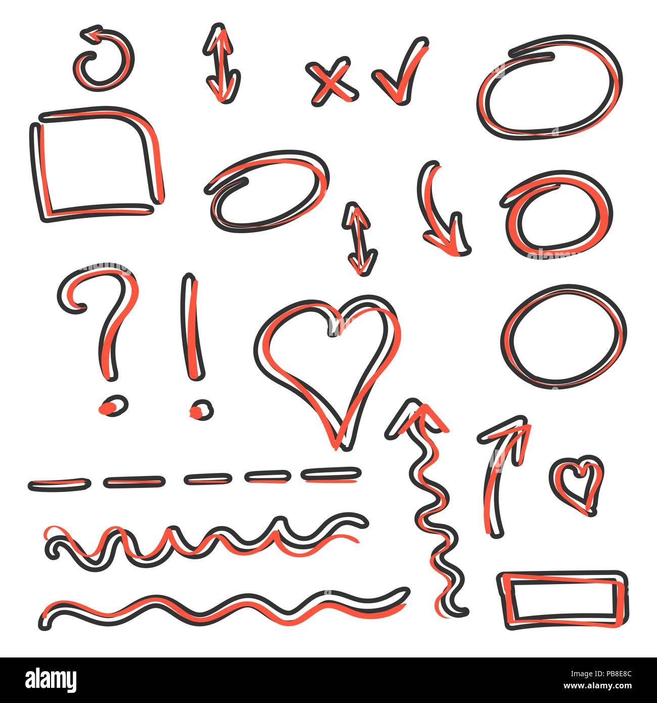 Vector cartoon disegnato a mano le frecce e cerchi di set di icone in ...