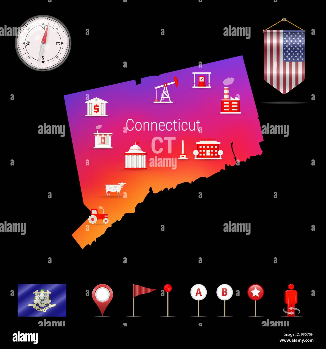 Connecticut mappa vettoriale, Vista notte. Icona della bussola, mappa ...
