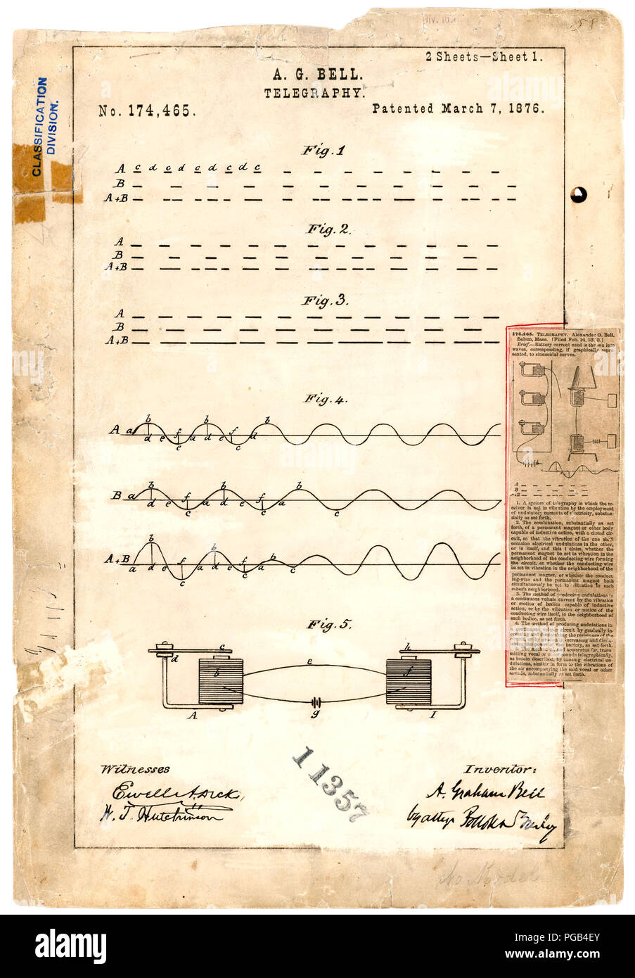 Disegno di brevetto della telegrafia da Alexander Graham Bell Foto ...