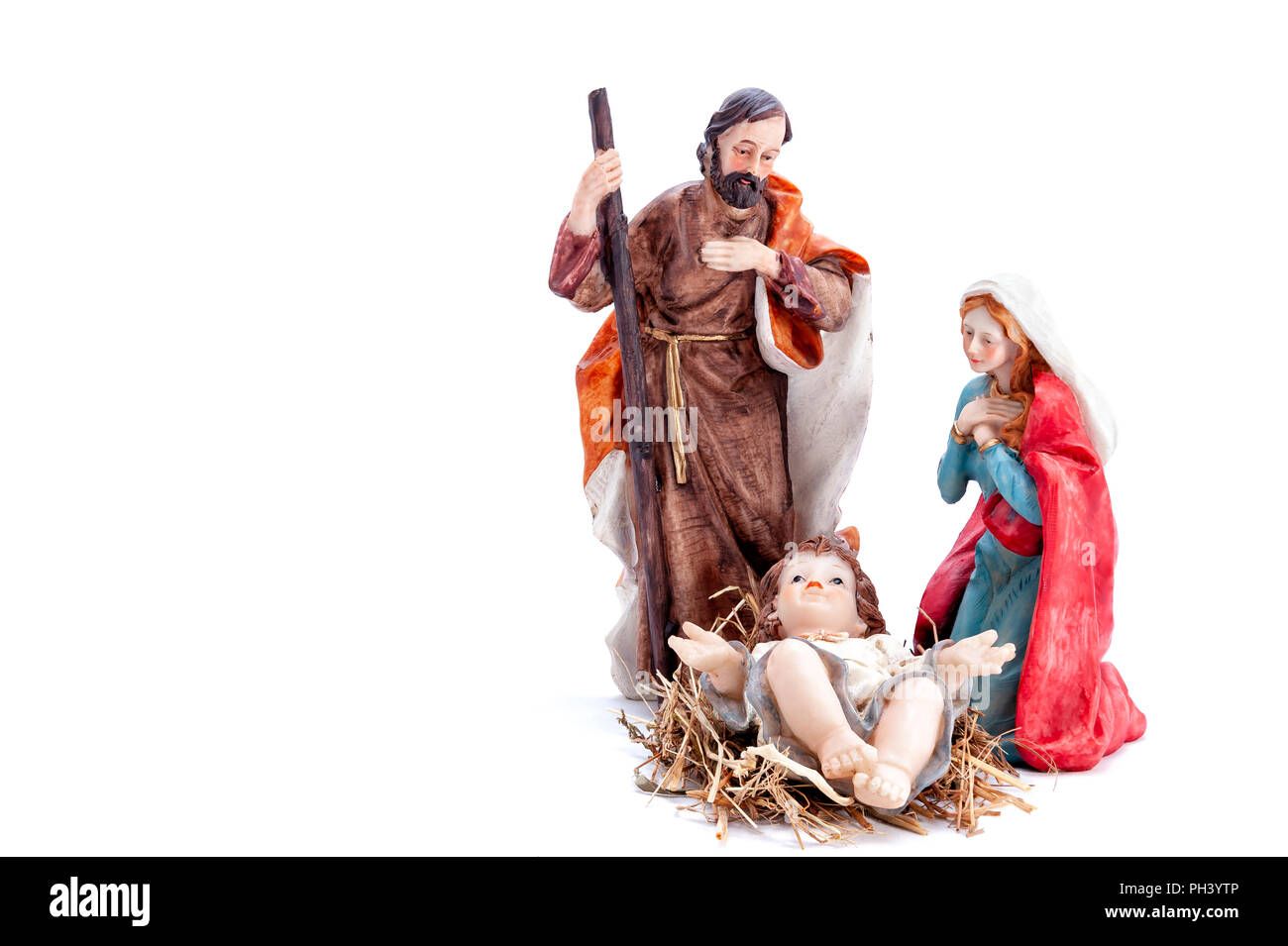 Presepe. Il Bambino Gesù nel presepe con Maria e Giuseppe isolati su ...