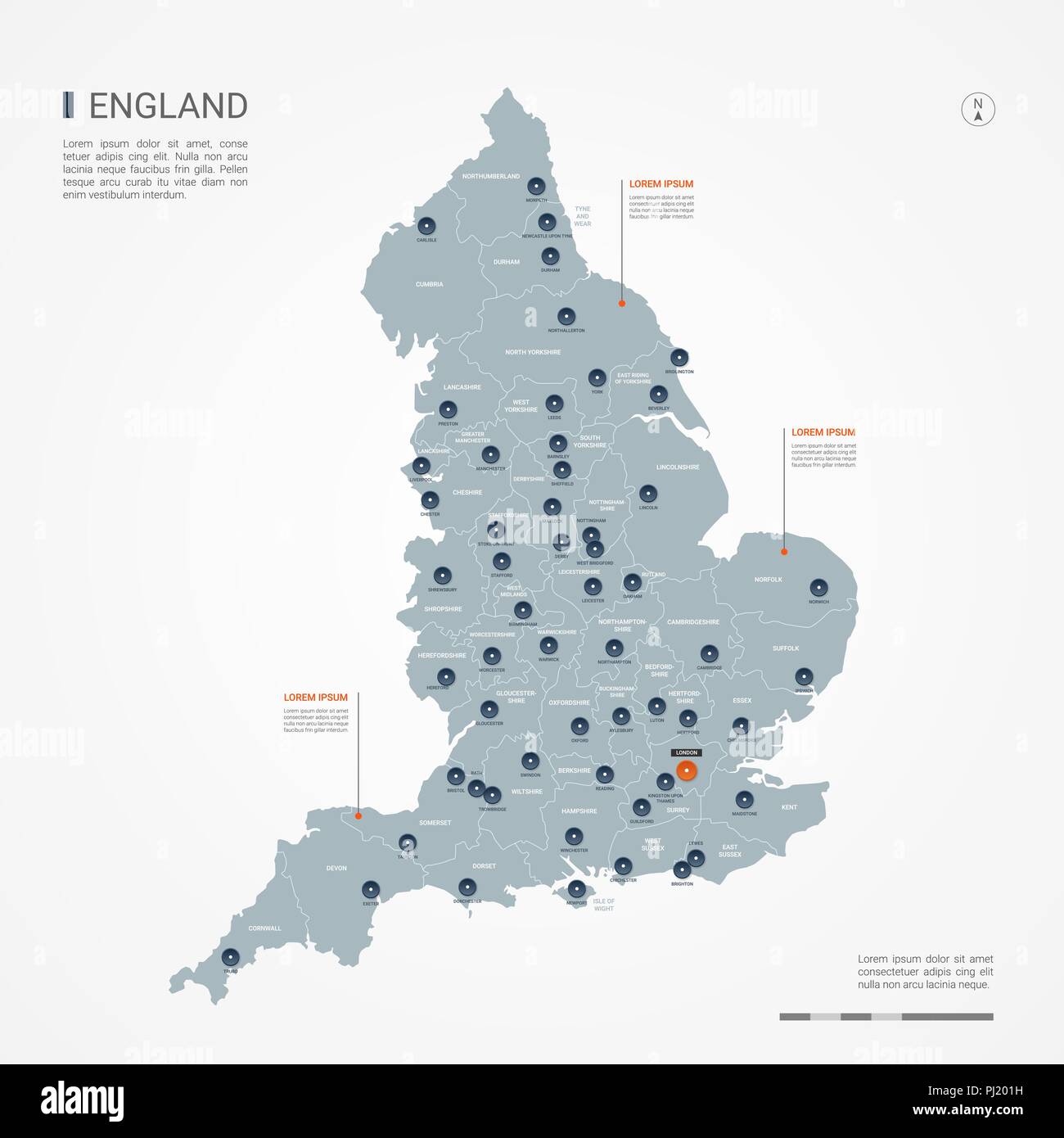Inghilterra mappa con le frontiere, città capitale e divisioni ...