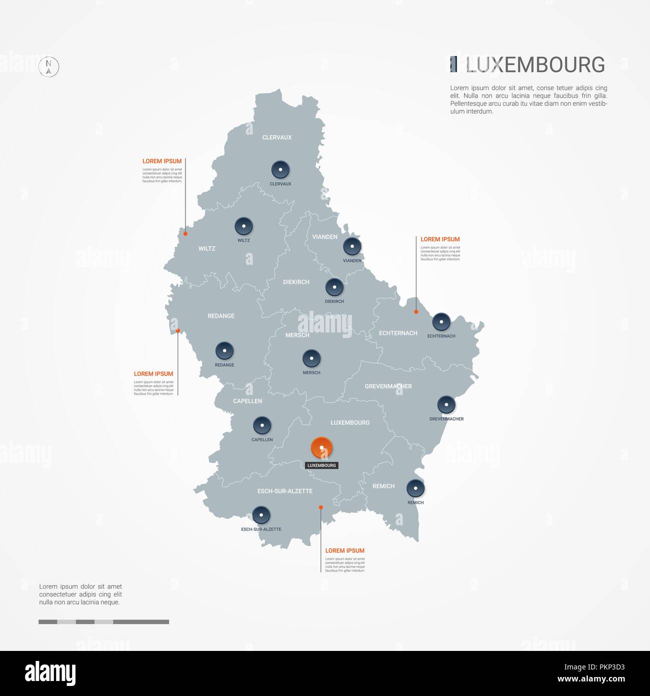 Mappa di Lussemburgo con bordi, città capitale e divisioni ...