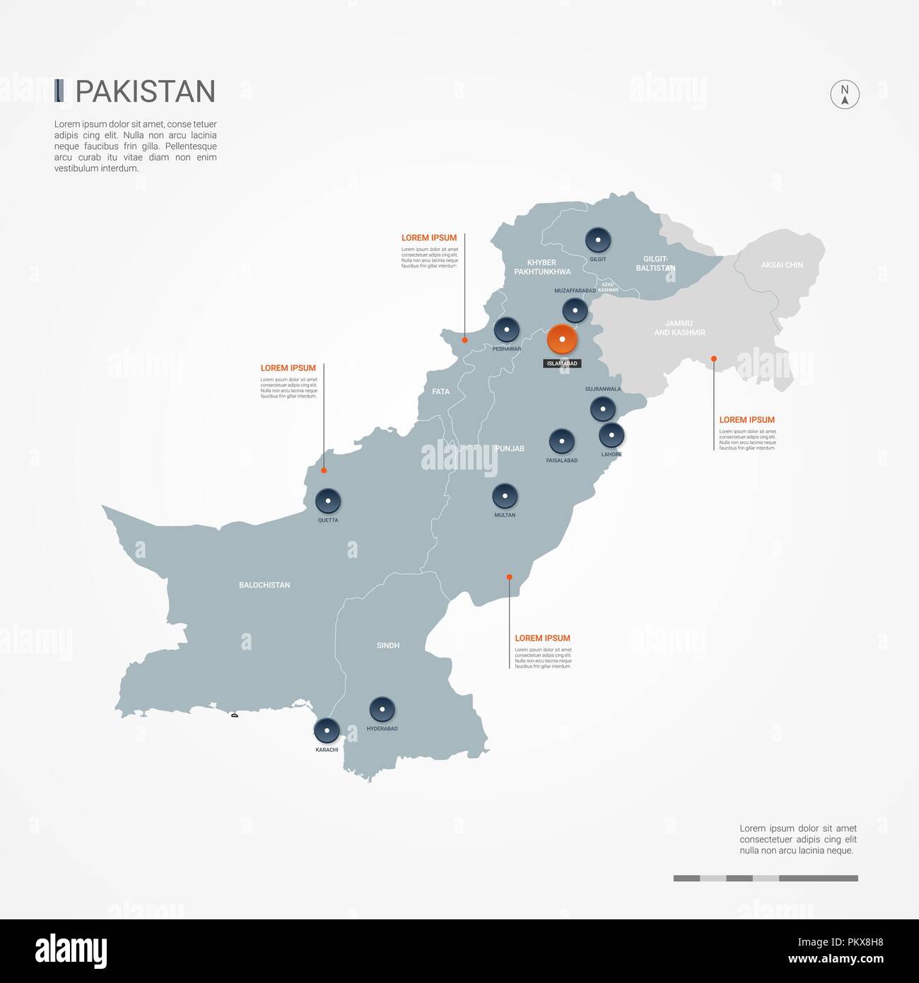 Pakistan mappa con le frontiere, città capitale e divisioni ...