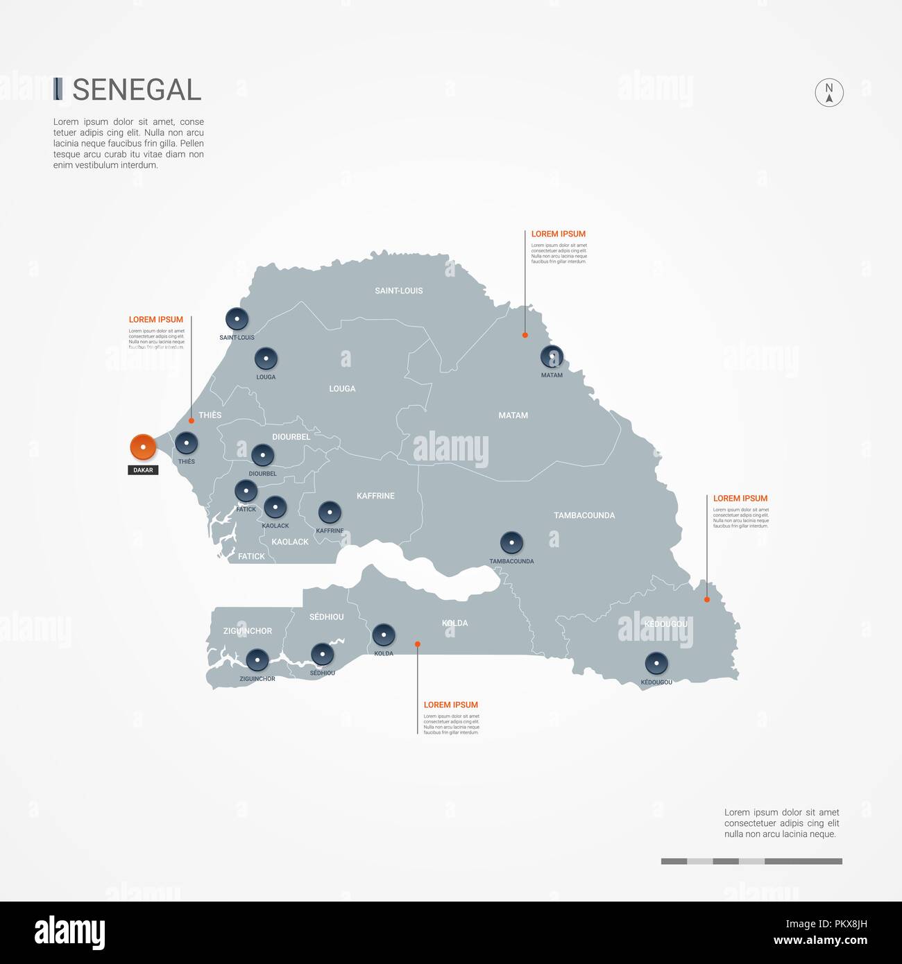 Mappa di Senegal con bordi, città capitale e divisioni amministrative ...