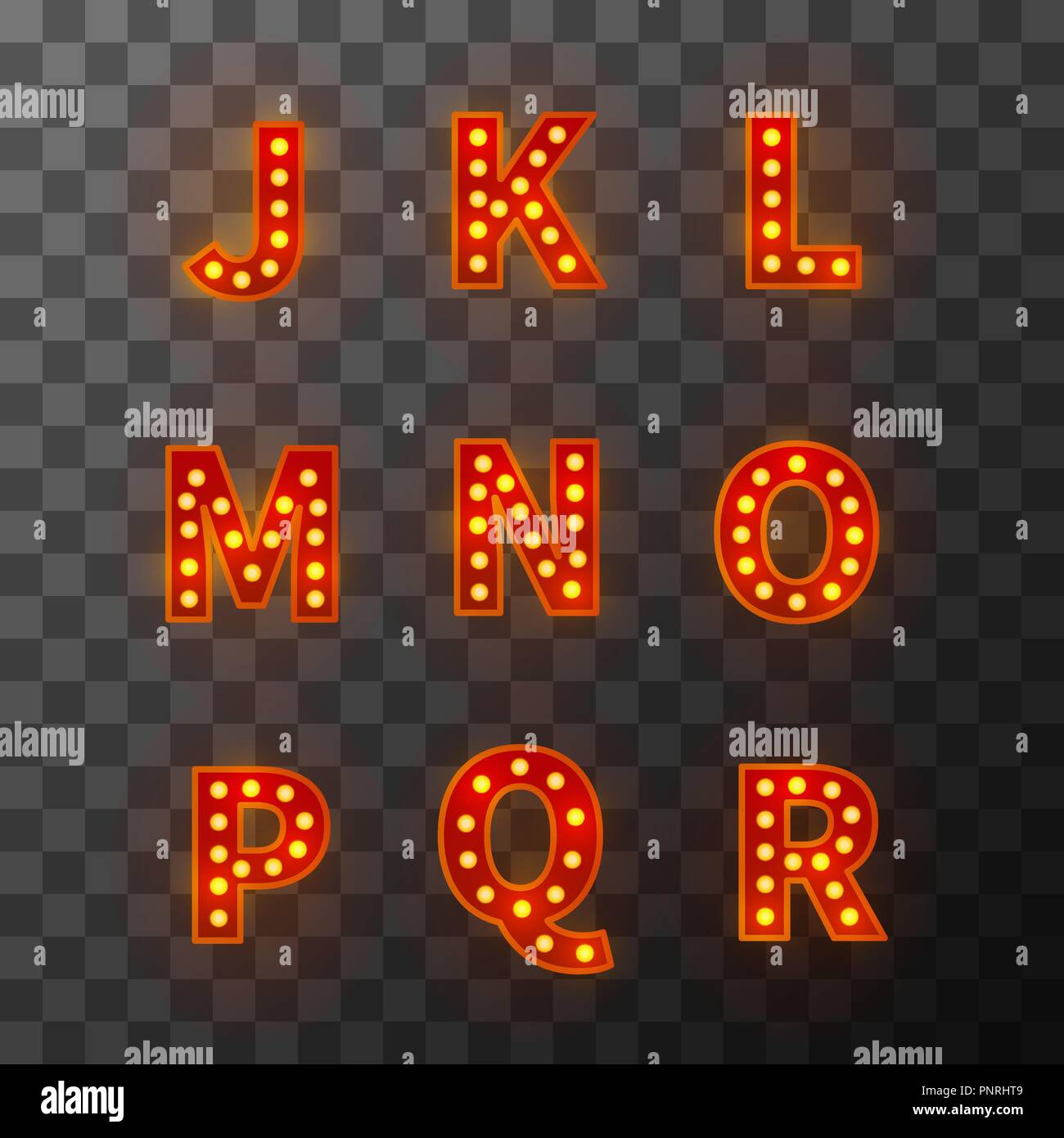 Lampadina luci font, alfabeto luminoso in stile cabaret, J-R lettere su ...