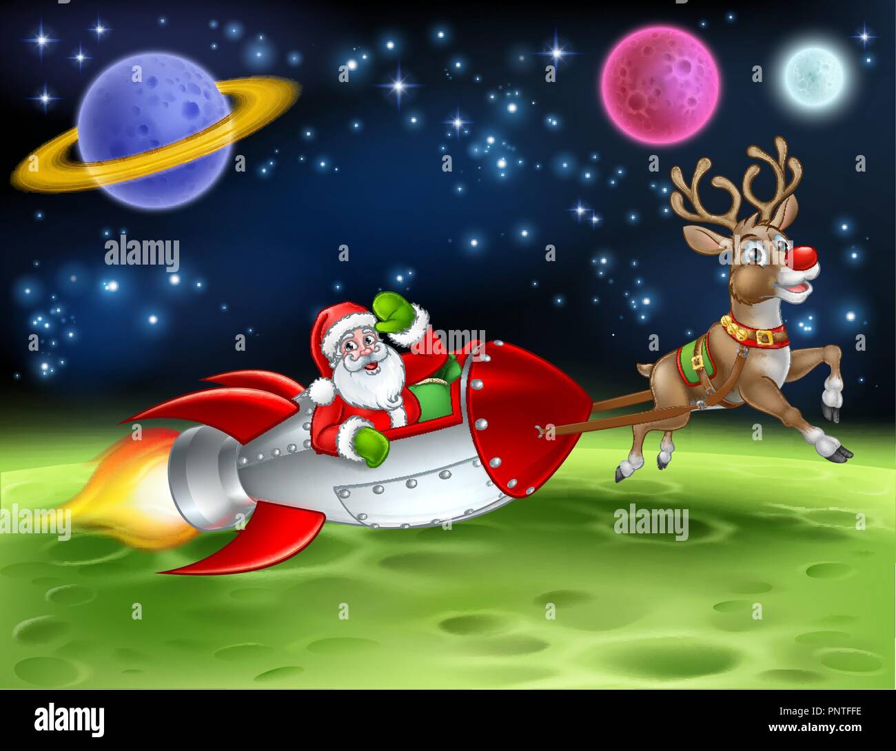 Babbo Natale con la slitta a razzo spaziale Cartoon di Natale Immagine ...