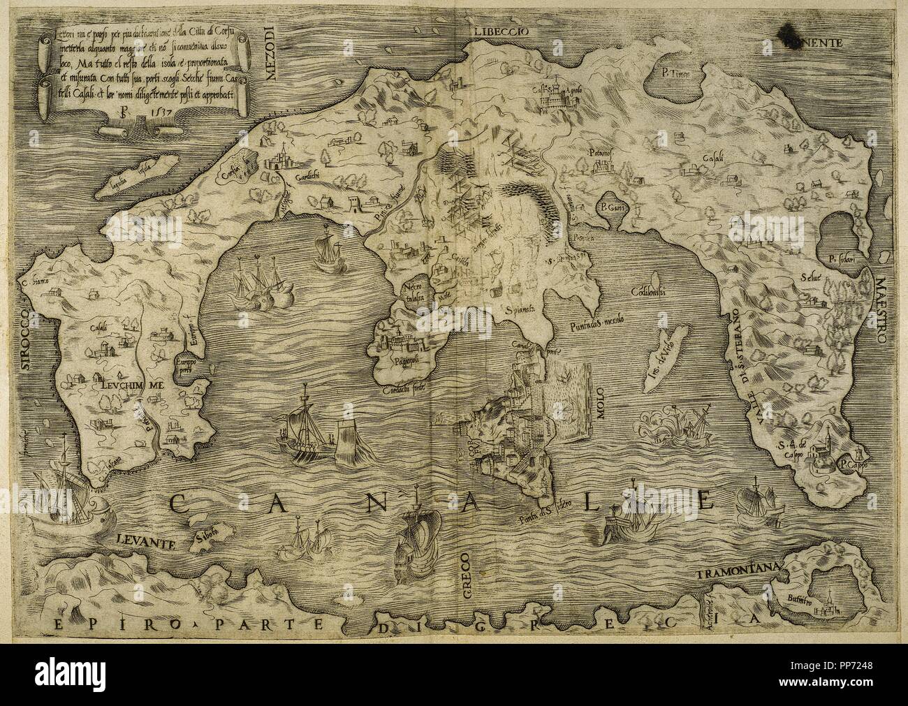 Mappa di isola greca di Corfù. Il mar Ionio. Mappa italiana. 1537 Foto ...