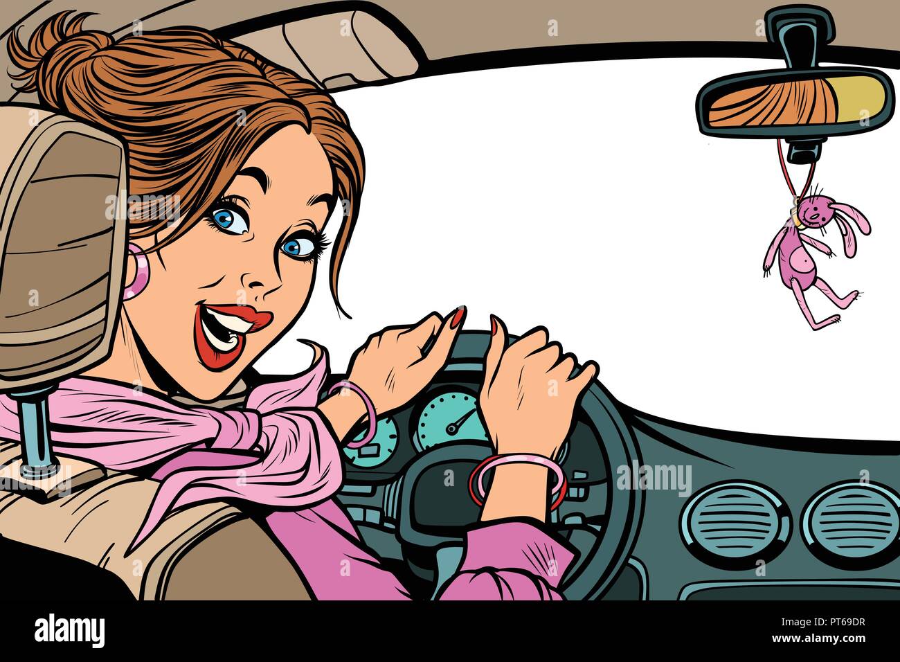 Bella donna driver in auto. Isolare su uno sfondo bianco. Vista interna ...