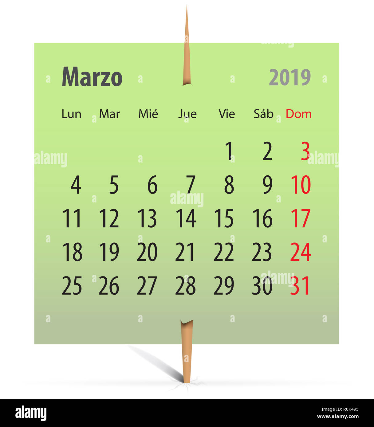 Calendario per il mese di marzo 2019 in spagnolo su un adesivo verde ...