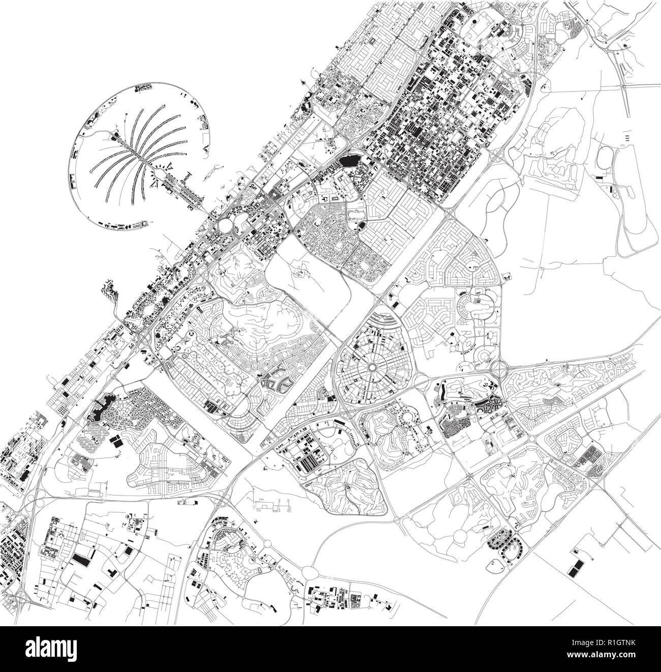 Mappa satellitare di Dubai, Emirati arabi uniti, strade della città ...