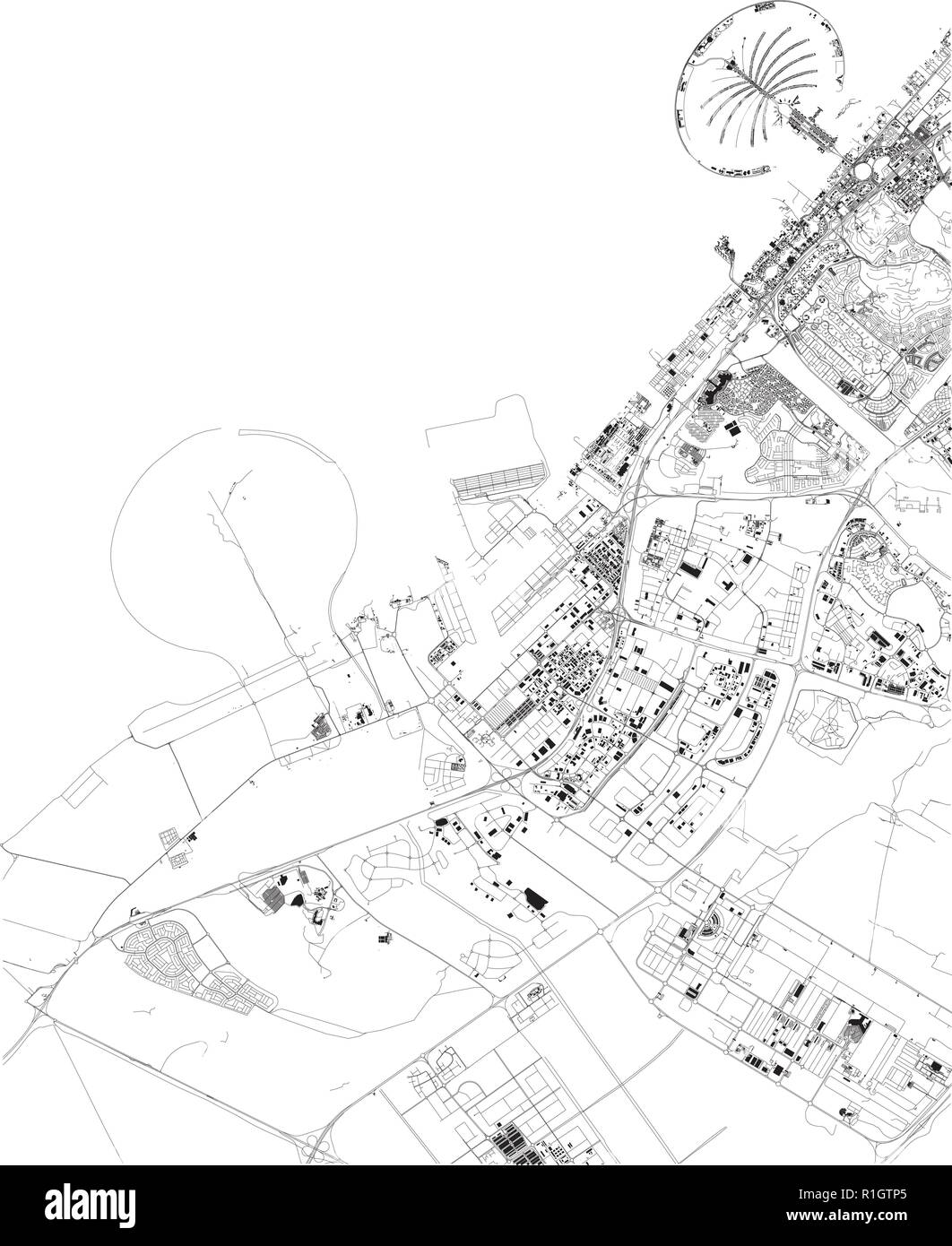 Mappa satellitare di Dubai, Emirati arabi uniti, strade della città ...