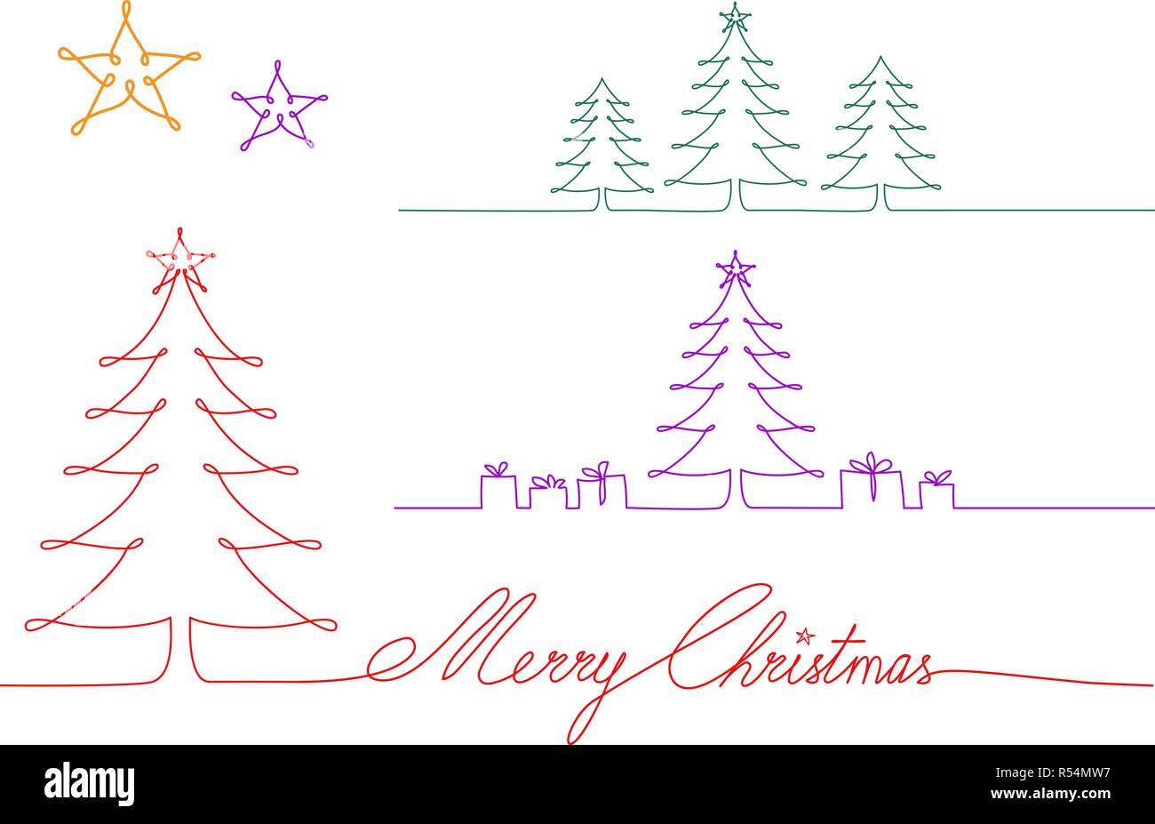 Una linea continua di alberi di Natale, a linea singola disegno ... Una linea continua di alberi di Natale, a linea singola disegno ...