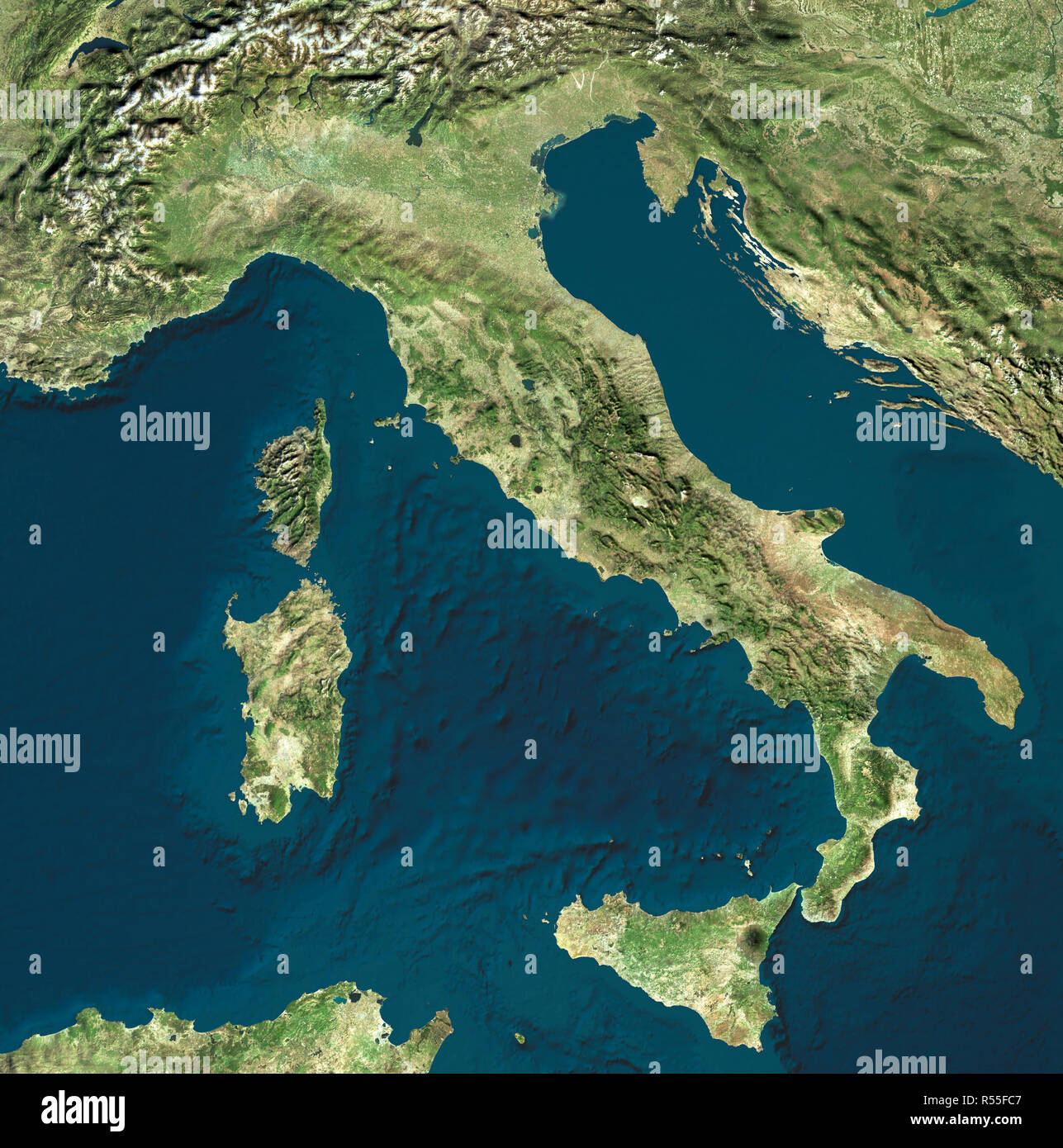 Vista satellitare dell'Italia. Fisico italiano mappa, rilievi pianure e ...