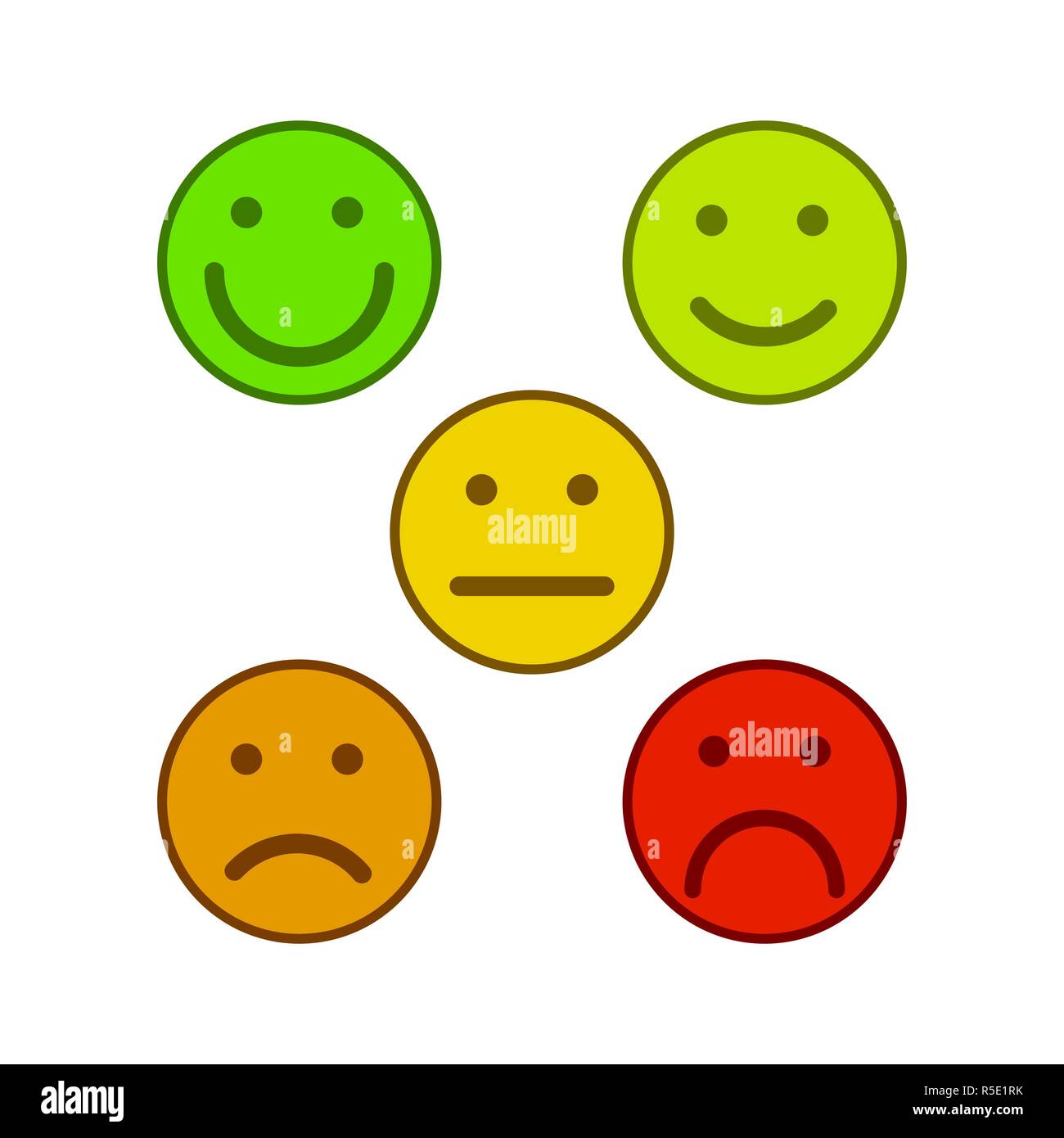 Faccia emoticon per tasso di soddisfazione livello, cinque colorate ...