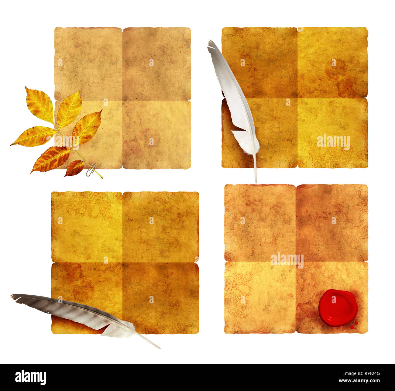 Collezione di antiche pergamene. Isolato su bianco Foto stock - Alamy