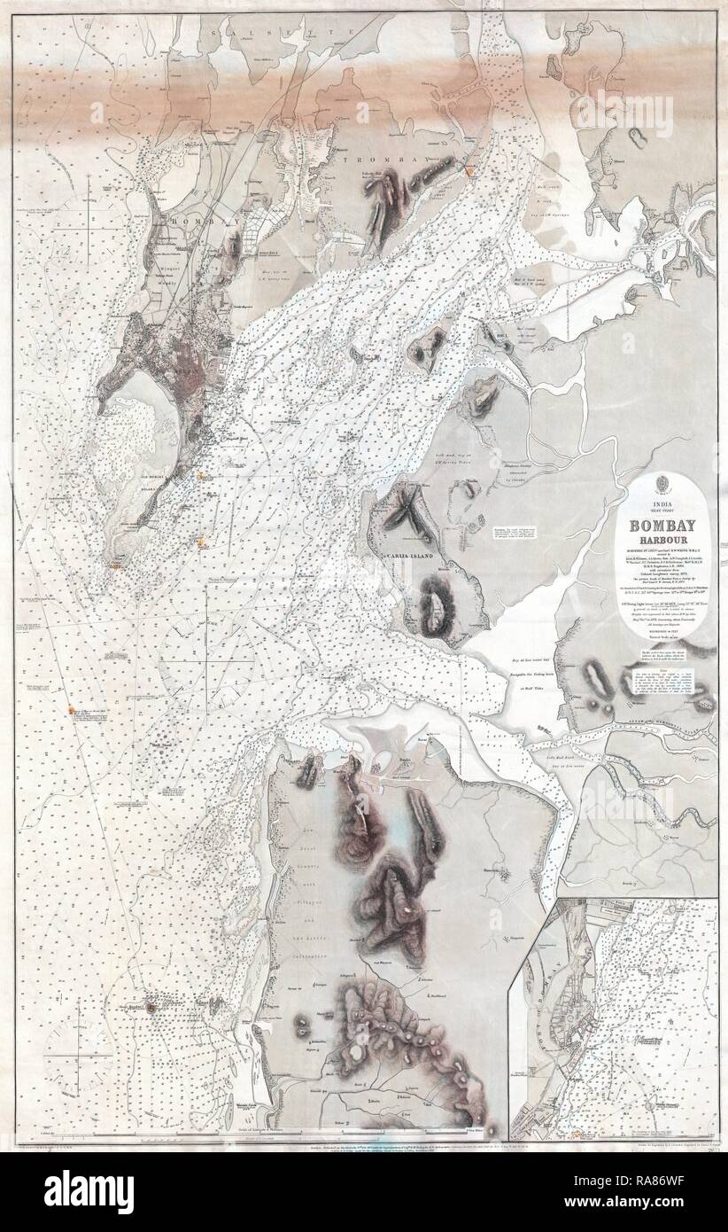 1879, British Admiralty grafico o la mappa del porto di Bombay, India ...
