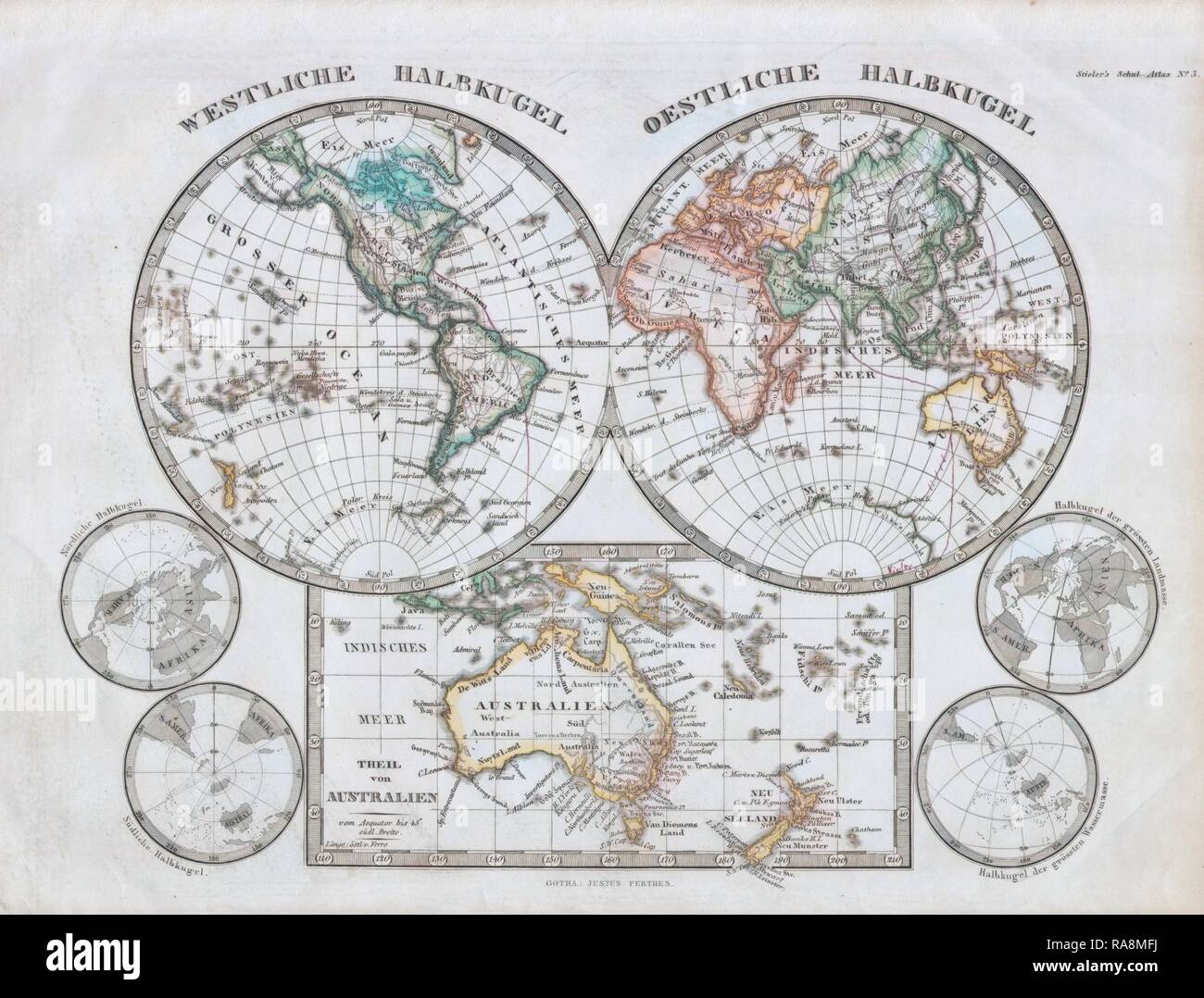 Mappa dell'emisfero di stieler del mondo immagini e fotografie stock ad ...