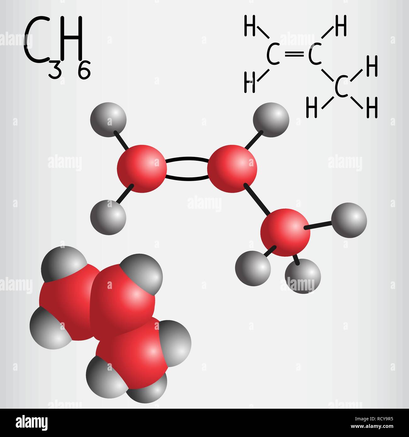 Formula chimica e modello di molecola di propilene C3H6 . Illustrazione ...