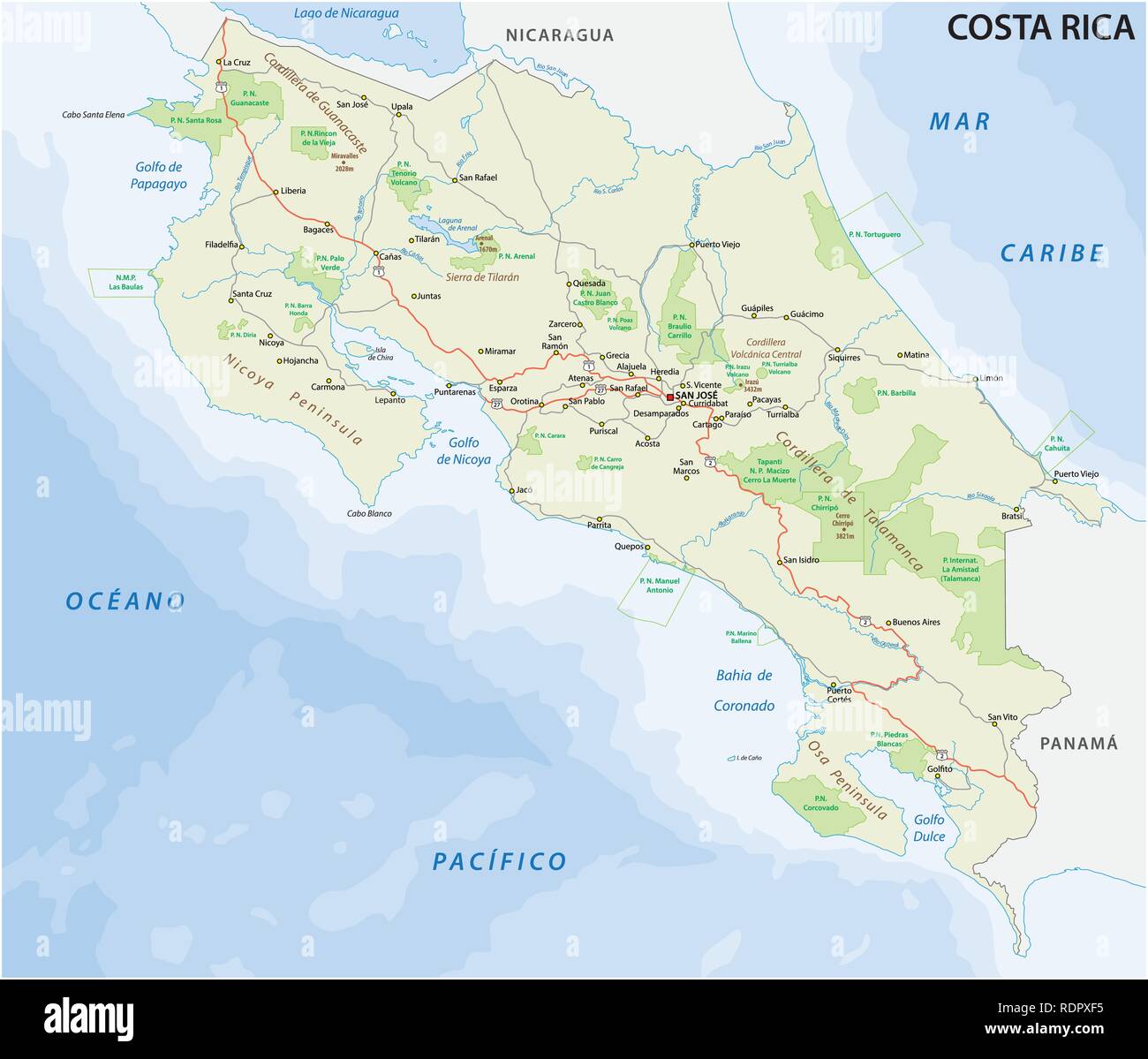 Mapa de costa rica y sus carreteras Immagini Vettoriali Stock - Alamy