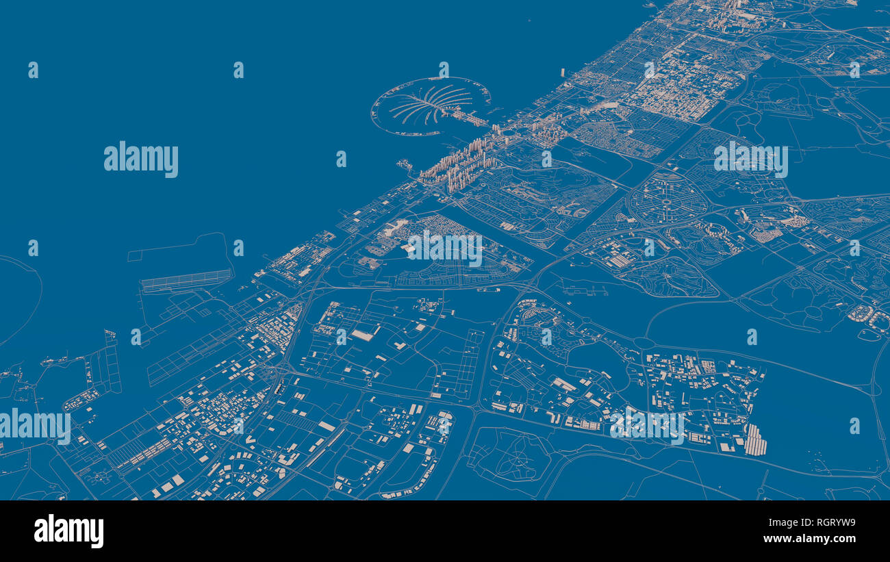 Mappa satellitare di Dubai, Emirati arabi uniti, strade della città ...
