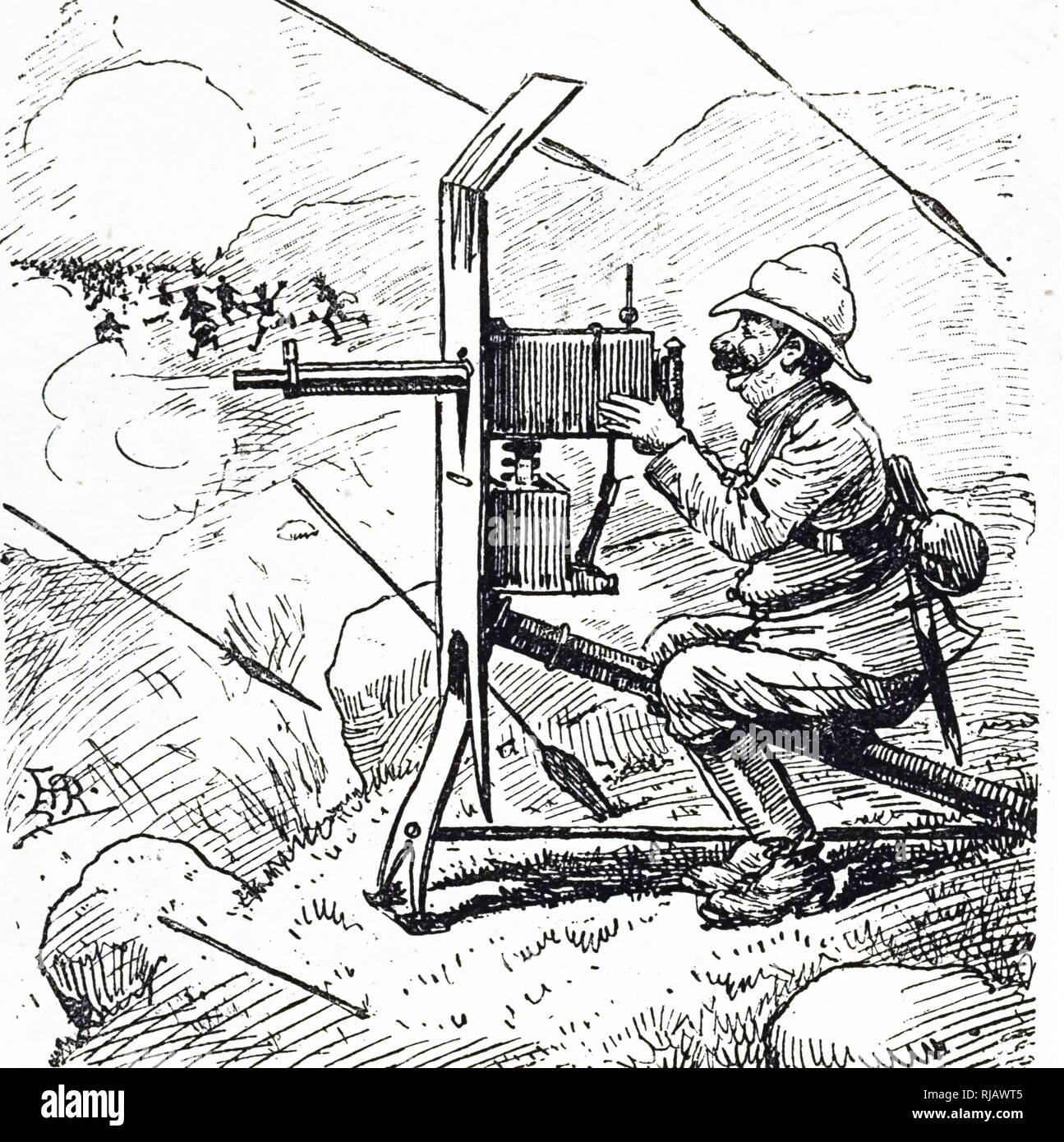 Un cartone animato raffigurante un Maxim gun, inventato da Hiram ...