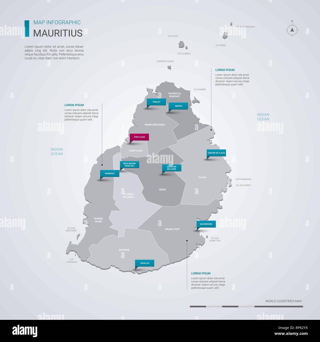 Mauritius Mappa vettoriale con elementi infografico, segni di puntatore ...
