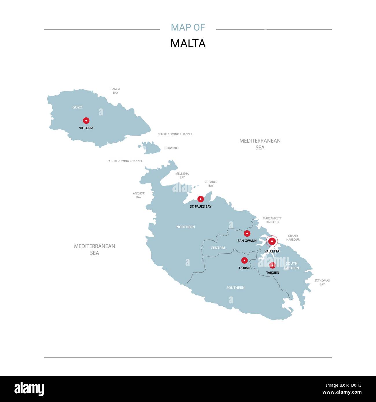 Malta mappa vettoriale. Modello modificabile con le regioni, le città ...