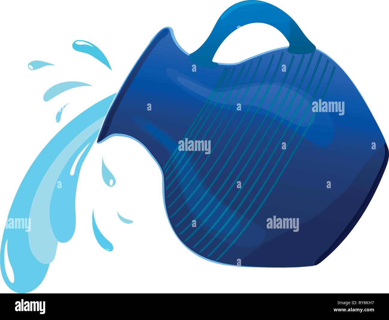 Disegno piatto della caraffa. Caraffa d'acqua blu, l'acqua sta versando ...