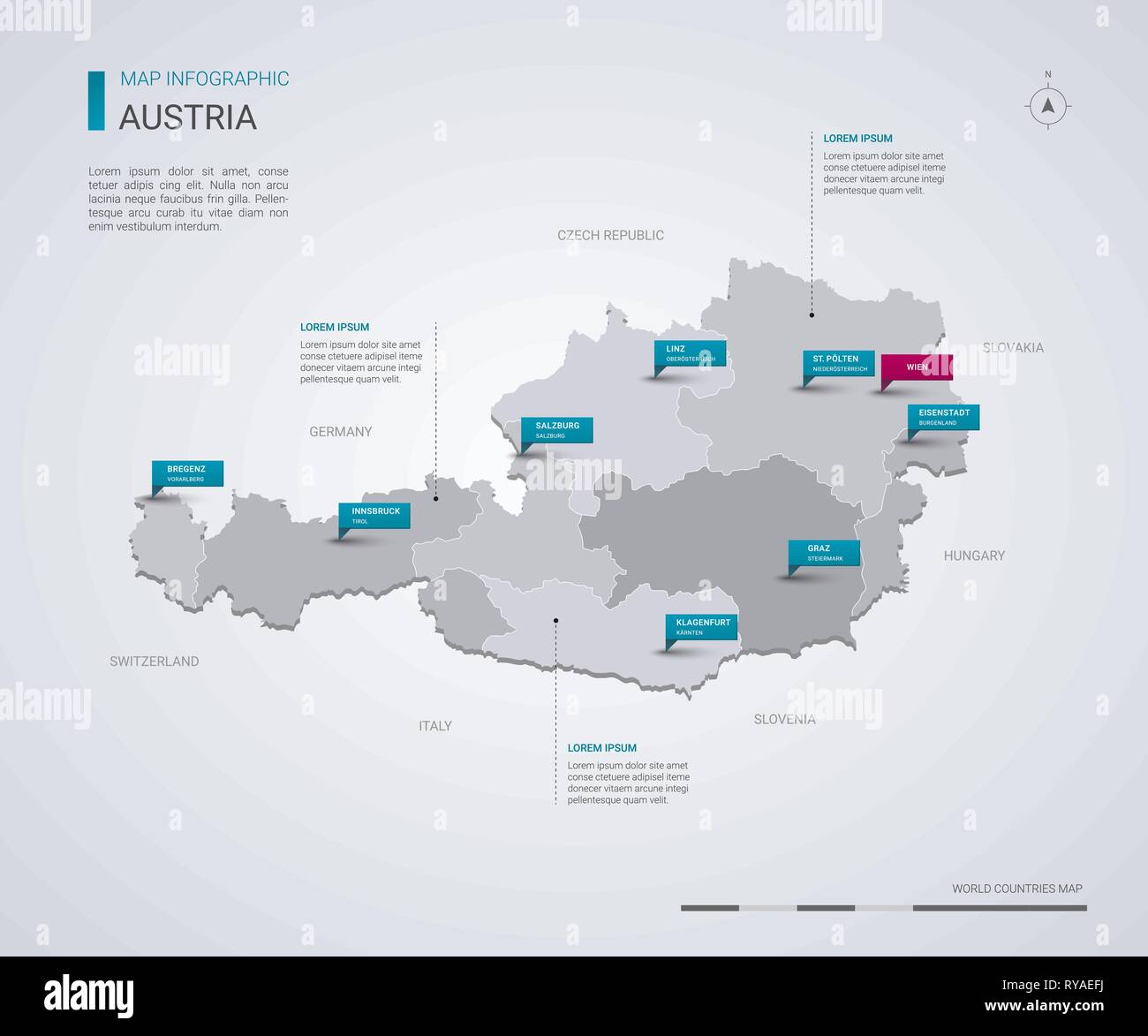 Austria mappa vettoriale con elementi infografico, segni di puntatore ...