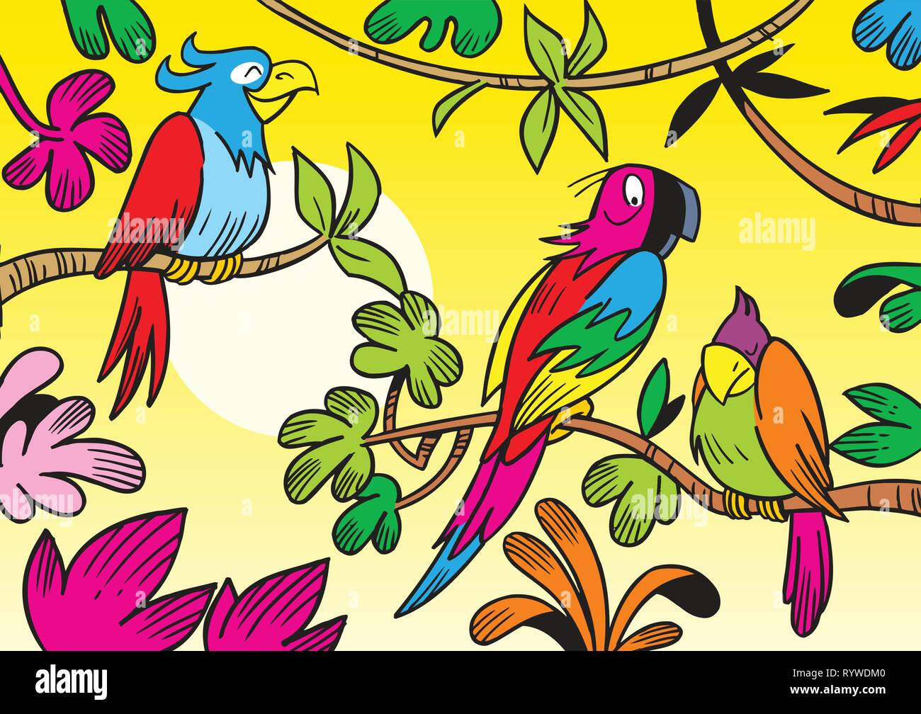 La figura mostra alcuni splendidi pappagalli tropicali. Illustrazione ...